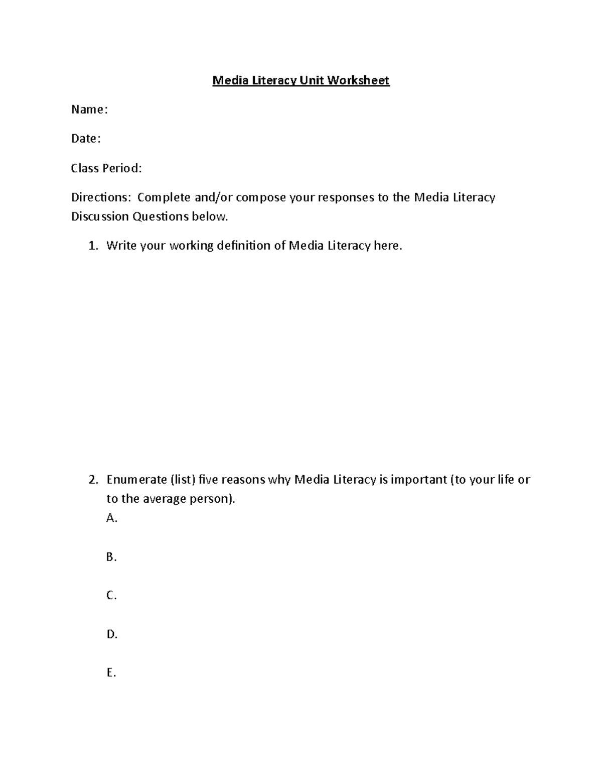 Media Literacy Unit Worksheet - Media Literacy Unit Worksheet Name ...
