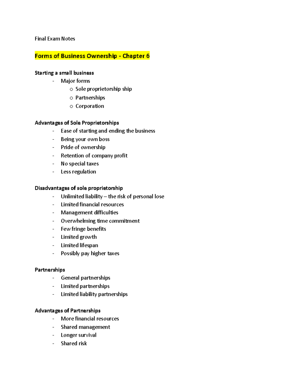 Final Exam Notes - Final Exam Notes Forms of Business Ownership ...