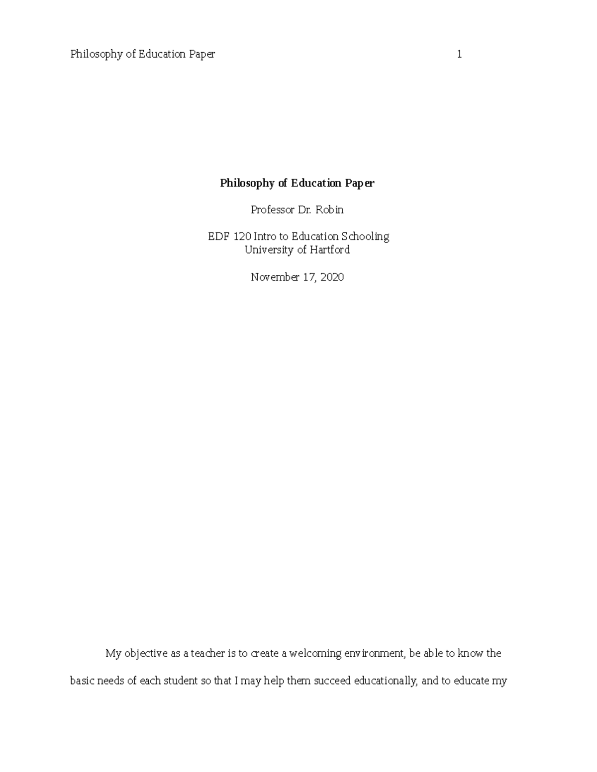 Philosophy of education essay - Philosophy of Education Paper 1 ...