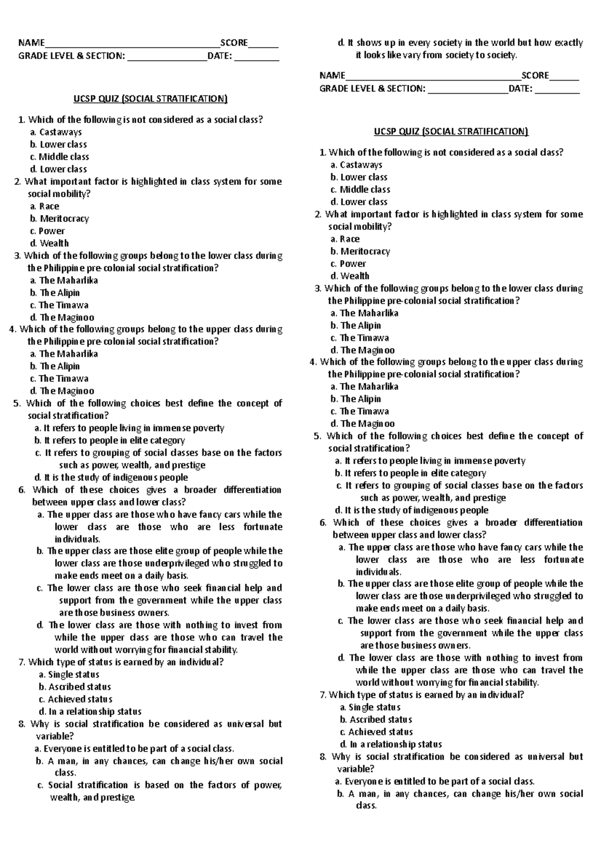 Quiz in Stratification - NAME___________________________________SCORE ...