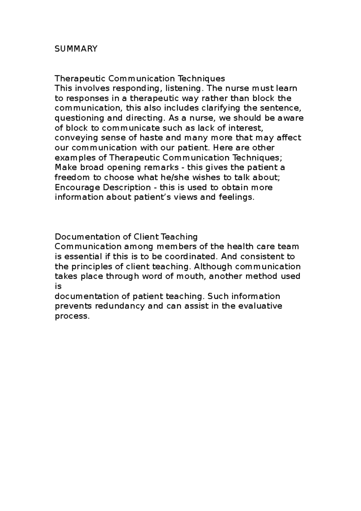 Summary - essay - SUMMARY Therapeutic Communication Techniques This ...