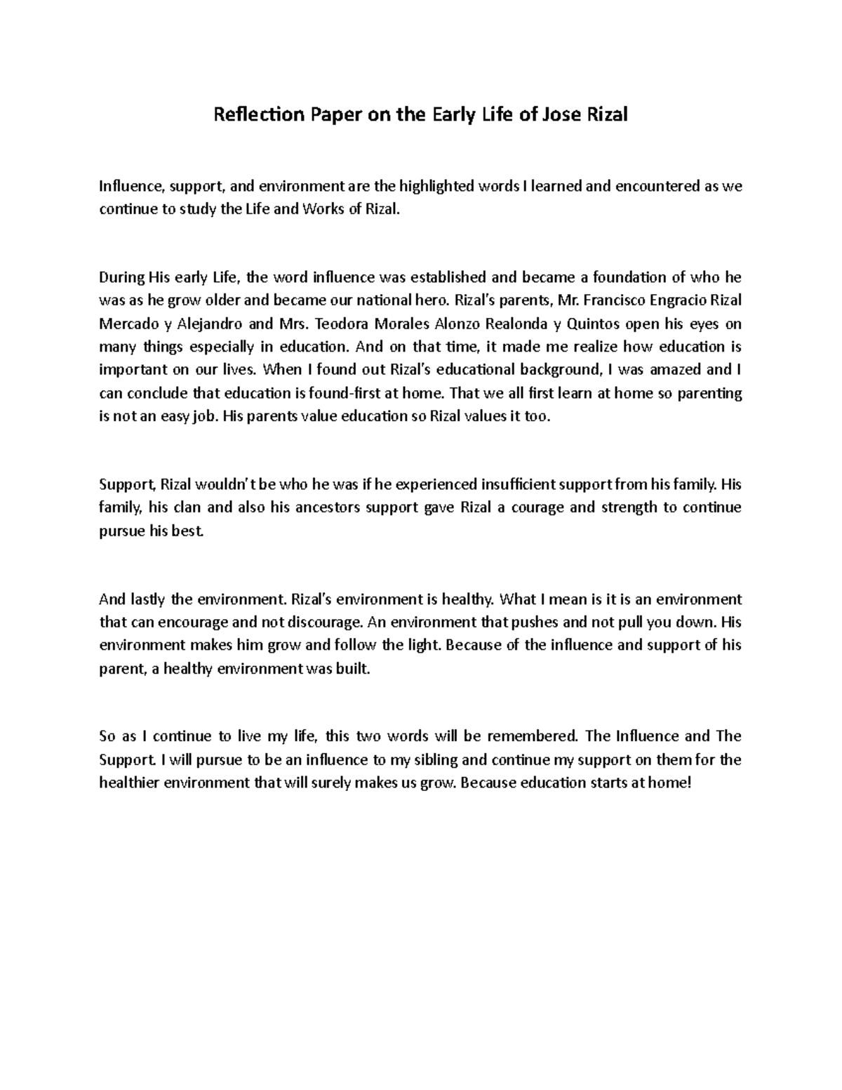 PI100 Week2 Oblenida R - Life and Works of Rizal - Reflection Paper on ...