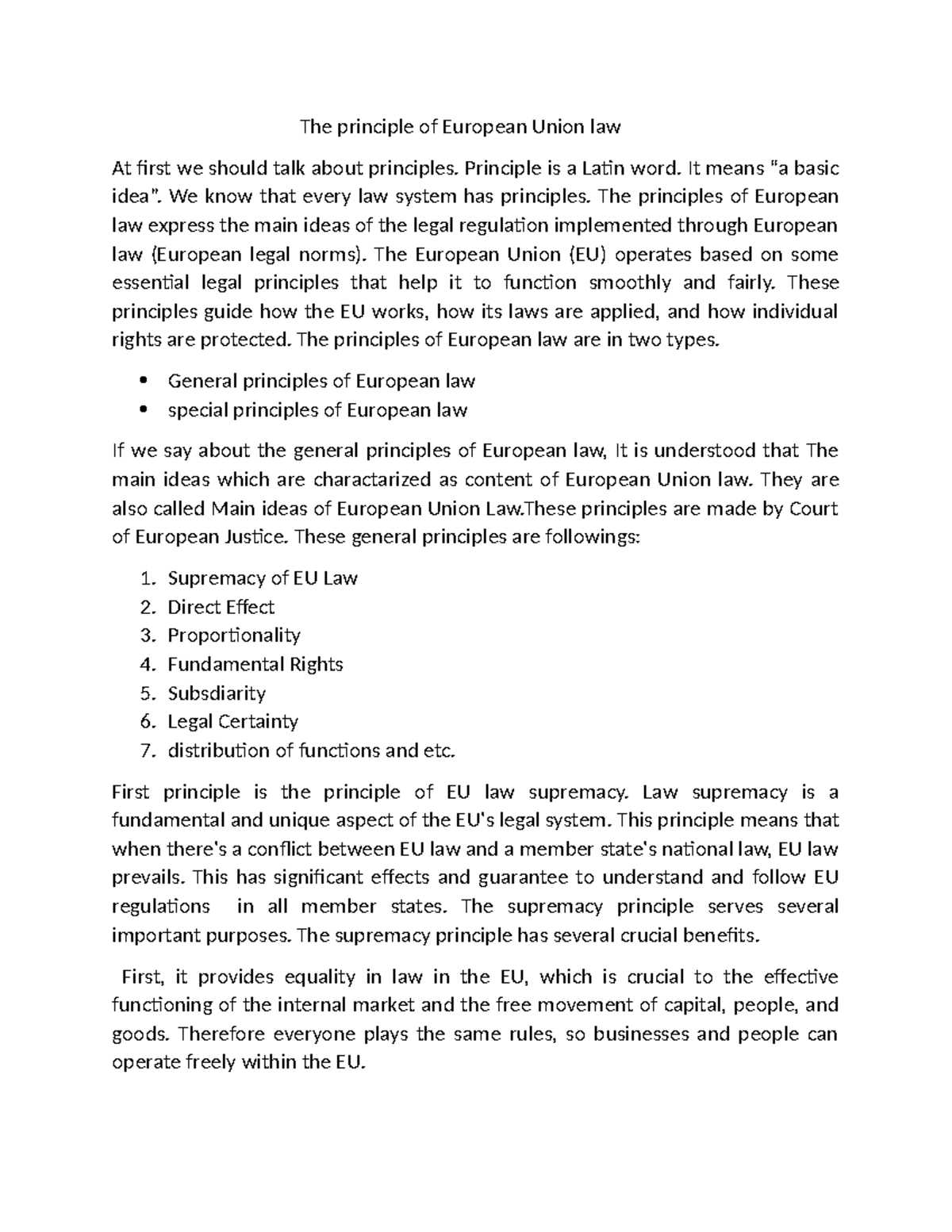 Principles essay Esgerli Ramiz - The principle of European Union law At ...