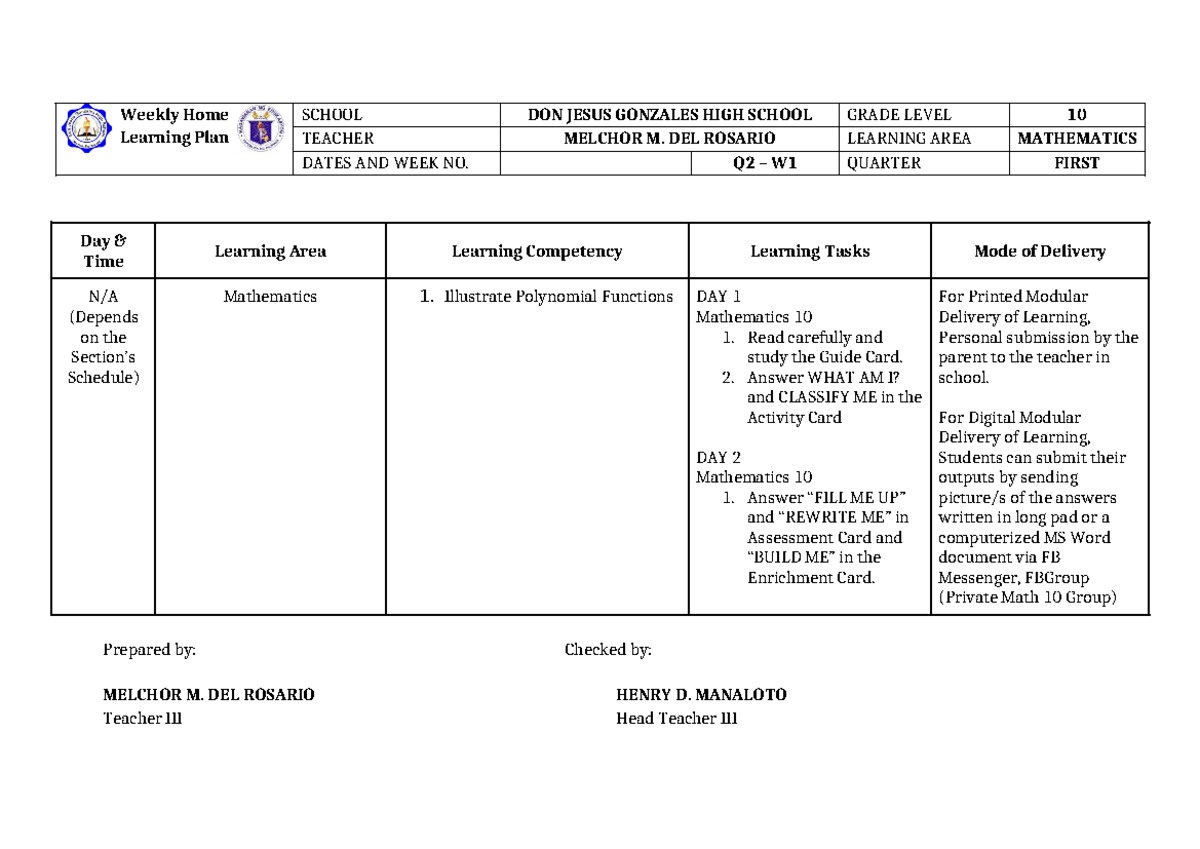 Math10 Q2W1 - Weekly Lesson Log - Weekly Home Learning Plan SCHOOL DON ...