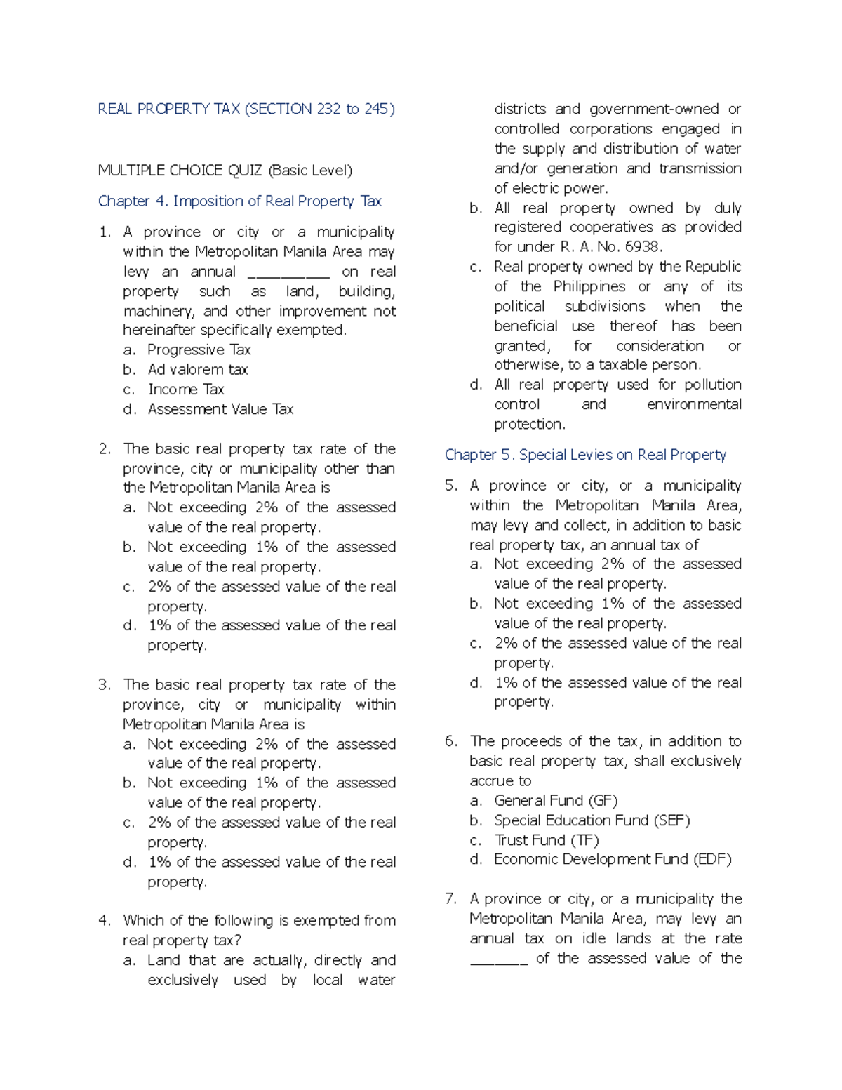 RPT Quiz (Sec. 232 to 245) Basic Level - REAL PROPERTY TAX (SECTION 232 ...