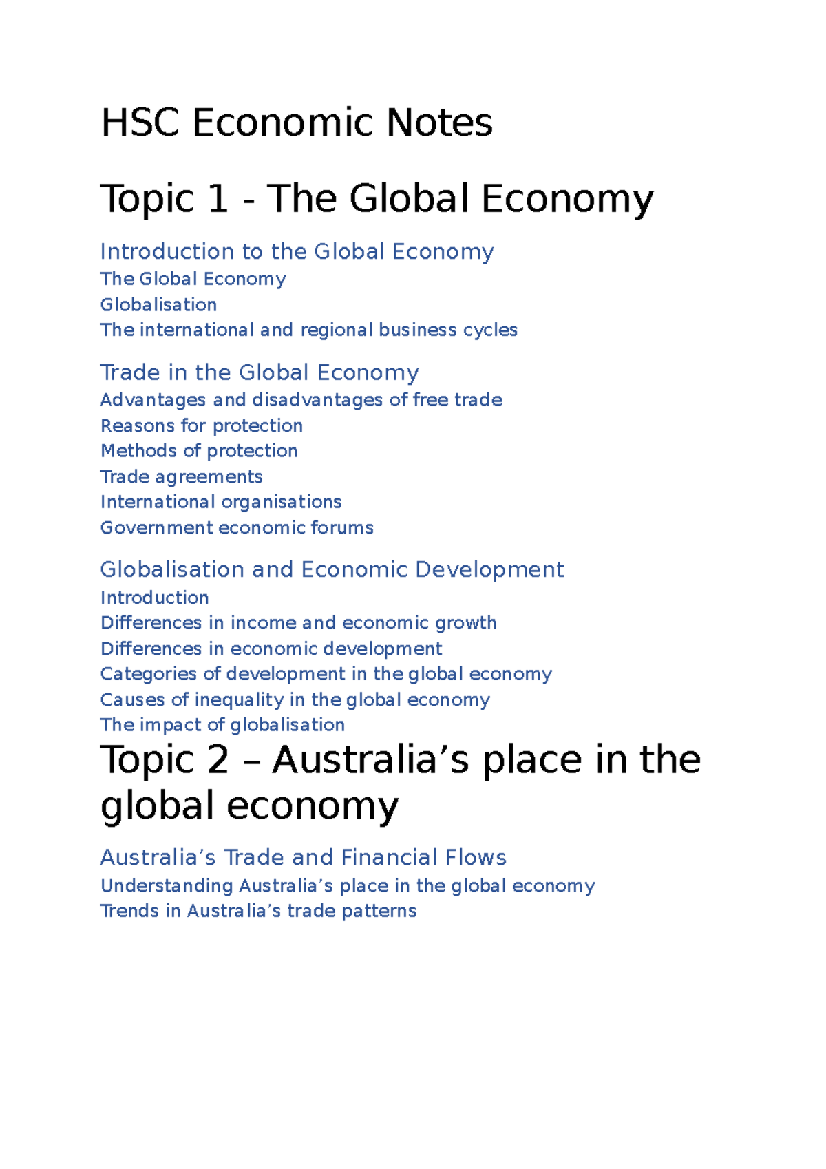 HSC Economic Notes - HSC Economic Notes Topic 1 - The Global Economy ...