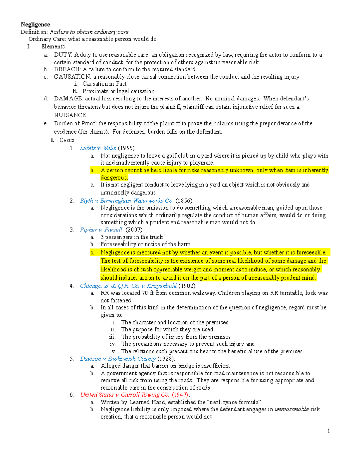 Torts Outline - Negligence Definition: Failure to obtain ordinary care ...