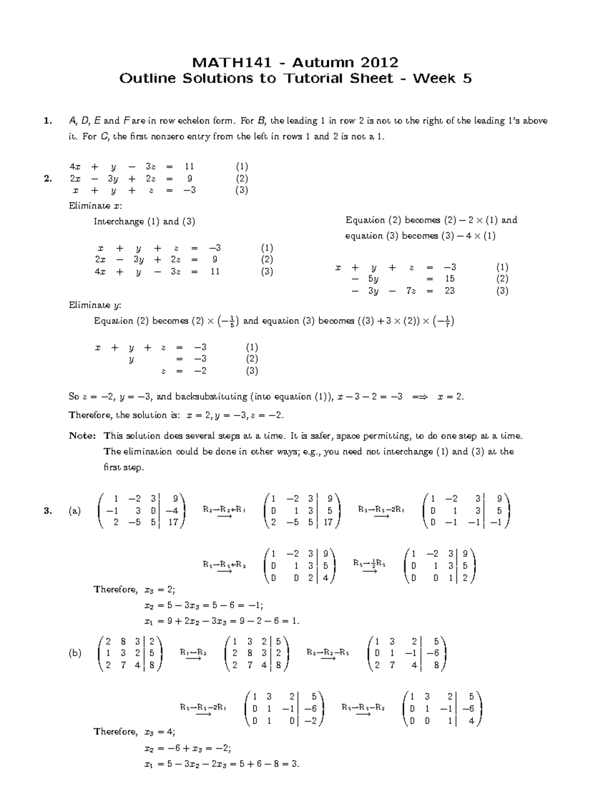 MATH141 Tutorial Solutions - MATH141 - Autumn 2012 Outline Solutions to ...