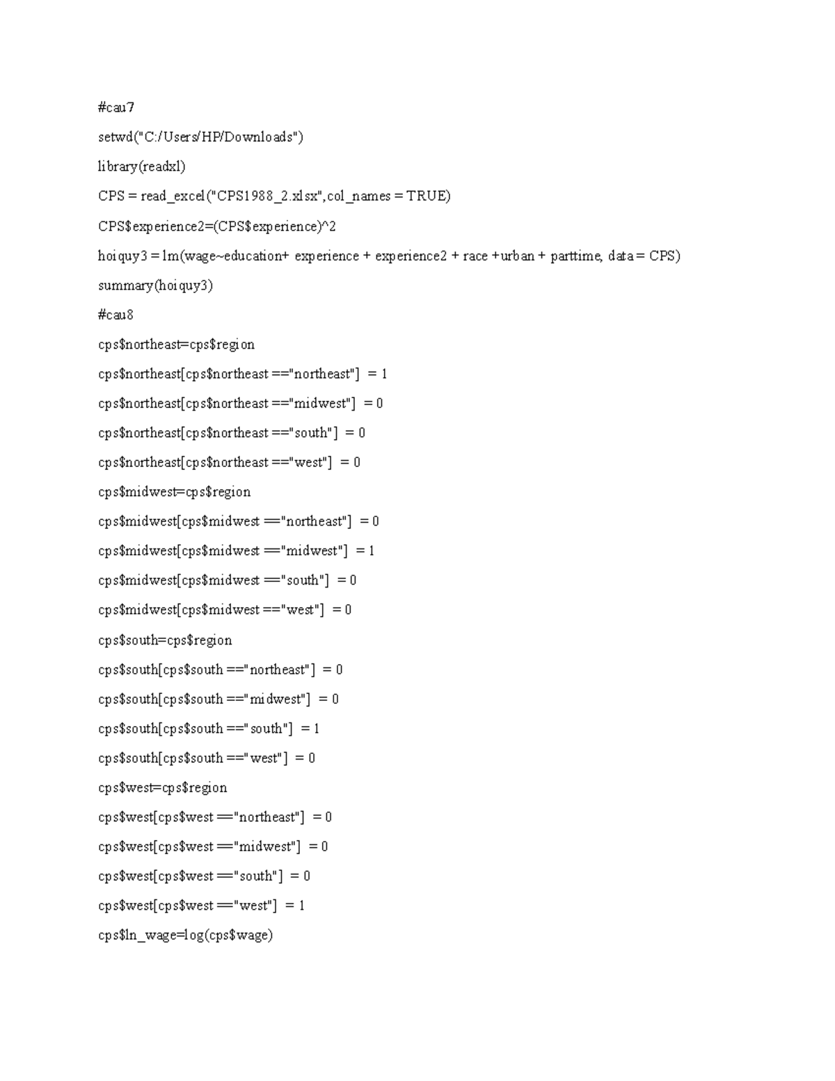140 - kinh tế lượng - #cau setwd("C:/Users/HP/Downloads") library(readxl) CPS = - Studocu