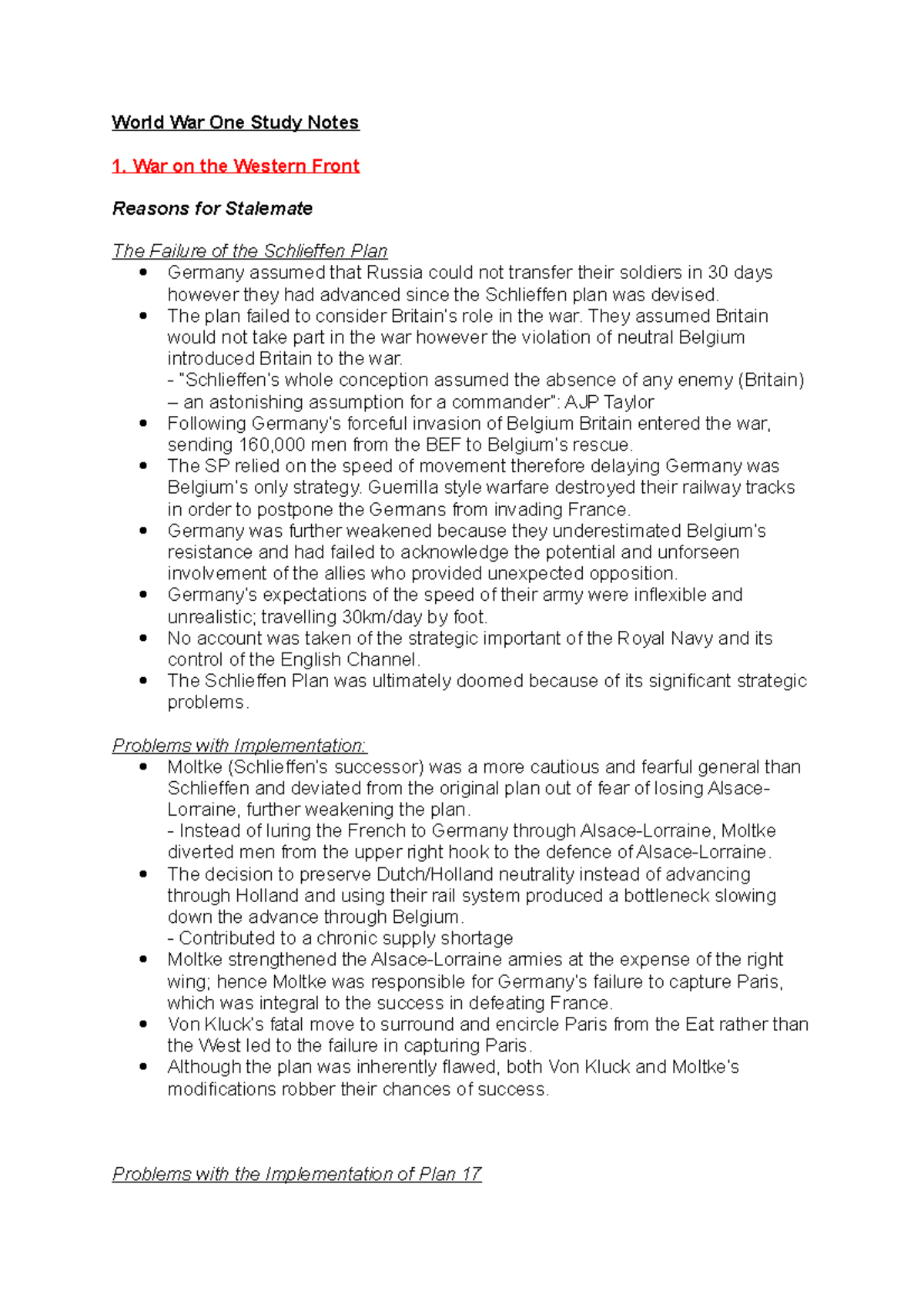 Modern History - World War One Study Notes 1. War on the Western Front ...