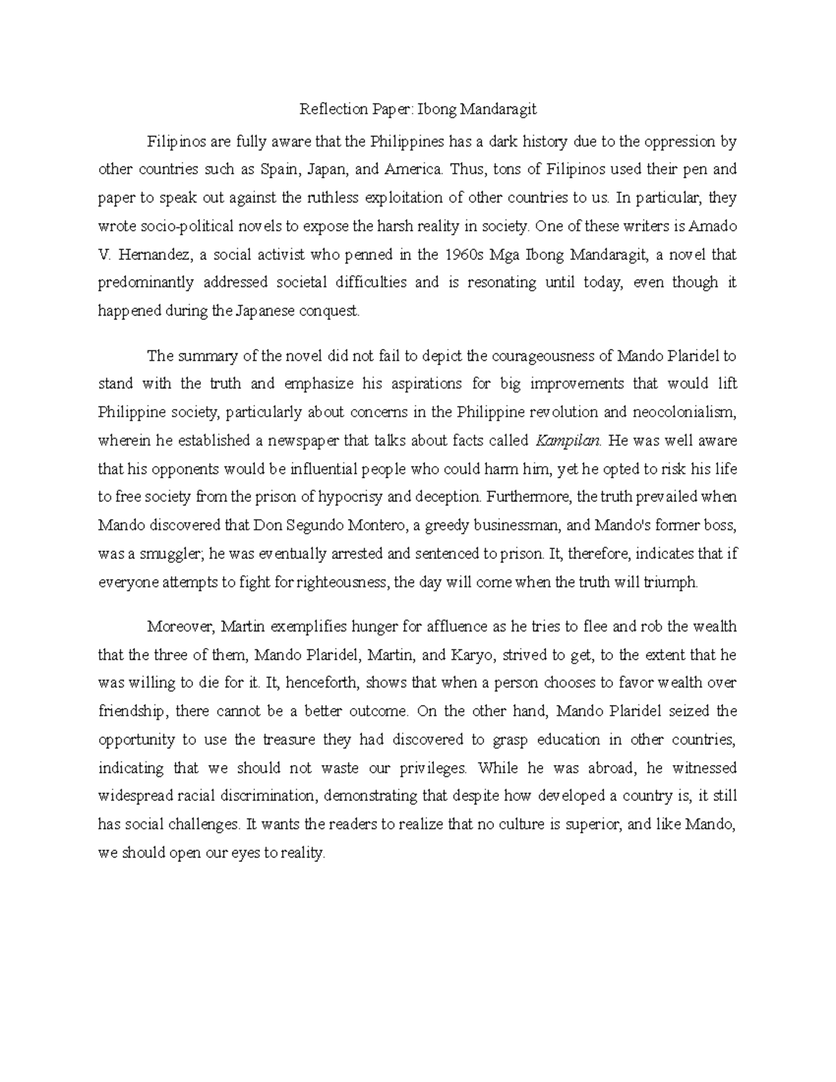 Reflection Paper about a novel - Reflection Paper: Ibong Mandaragit ...