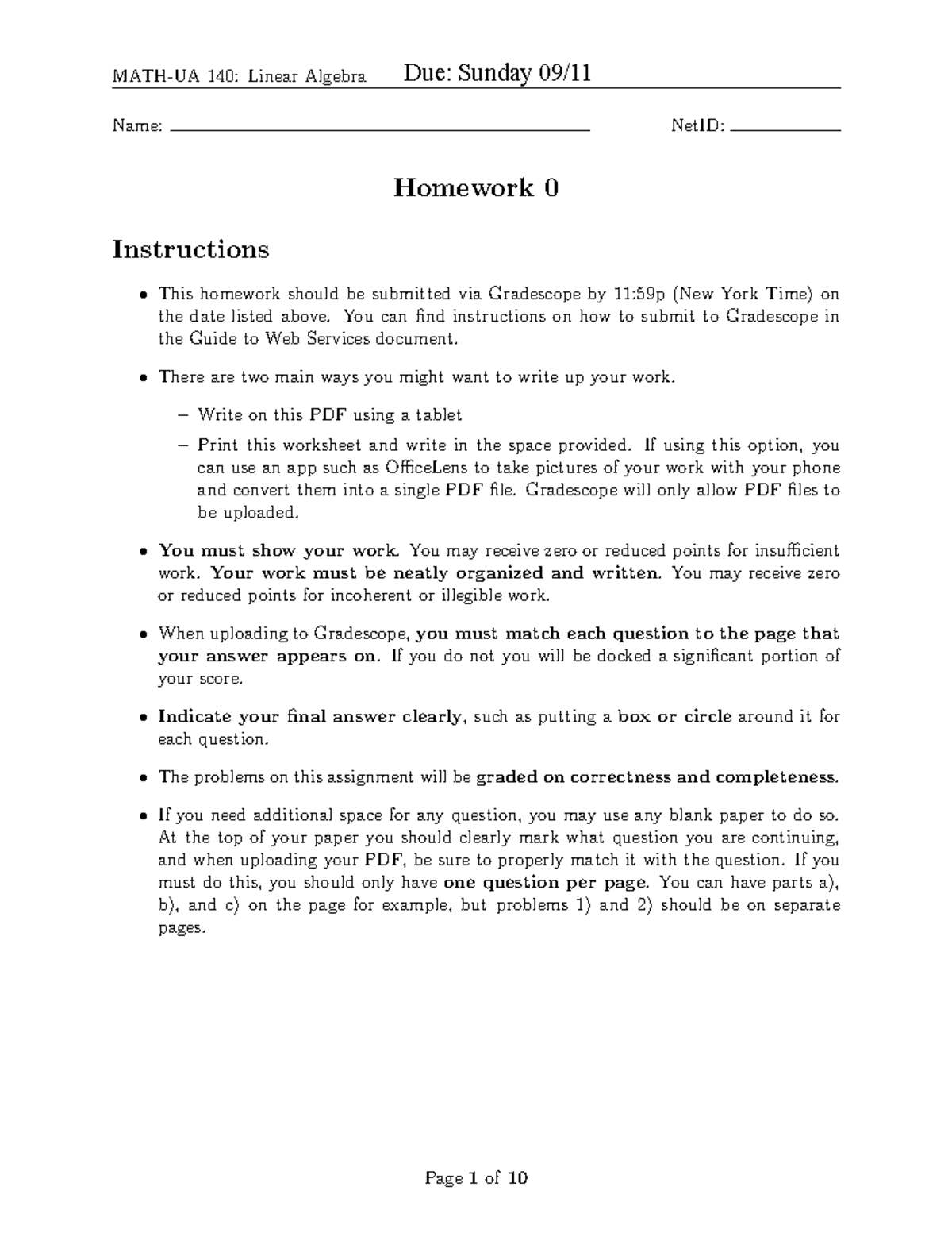 HW0 linear algebra - MATH-UA 140: Linear Algebra Prof. Sanfratello Name ...