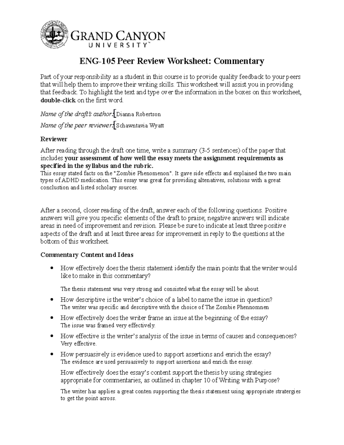 ENG105 Commentary Peer Review Worksheet - ENG-105 Peer Review Worksheet ...