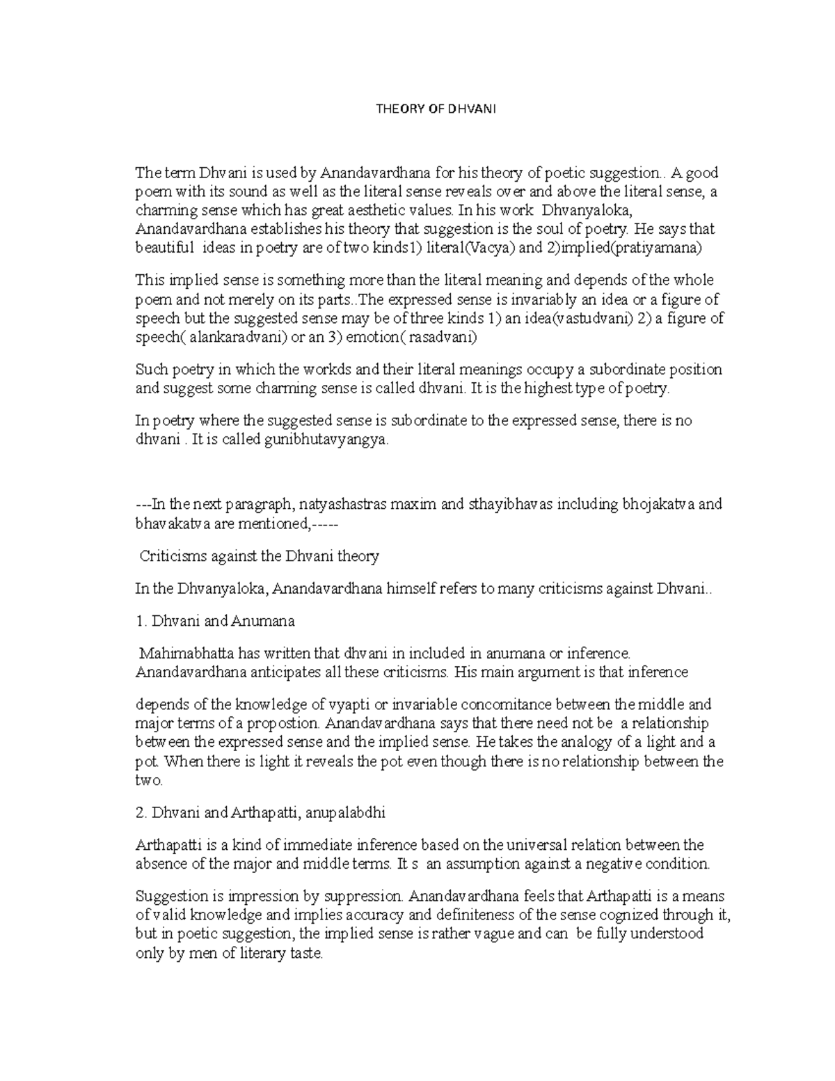 Theory OF Dhvani - THEORY OF DHVANI The term Dhvani is used by ...