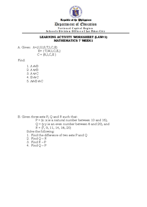 Q1 Week 2 - Math - LEARNING ACTIVITY WORKSHEET (LAW#1) MATHEMATICS 7 ...
