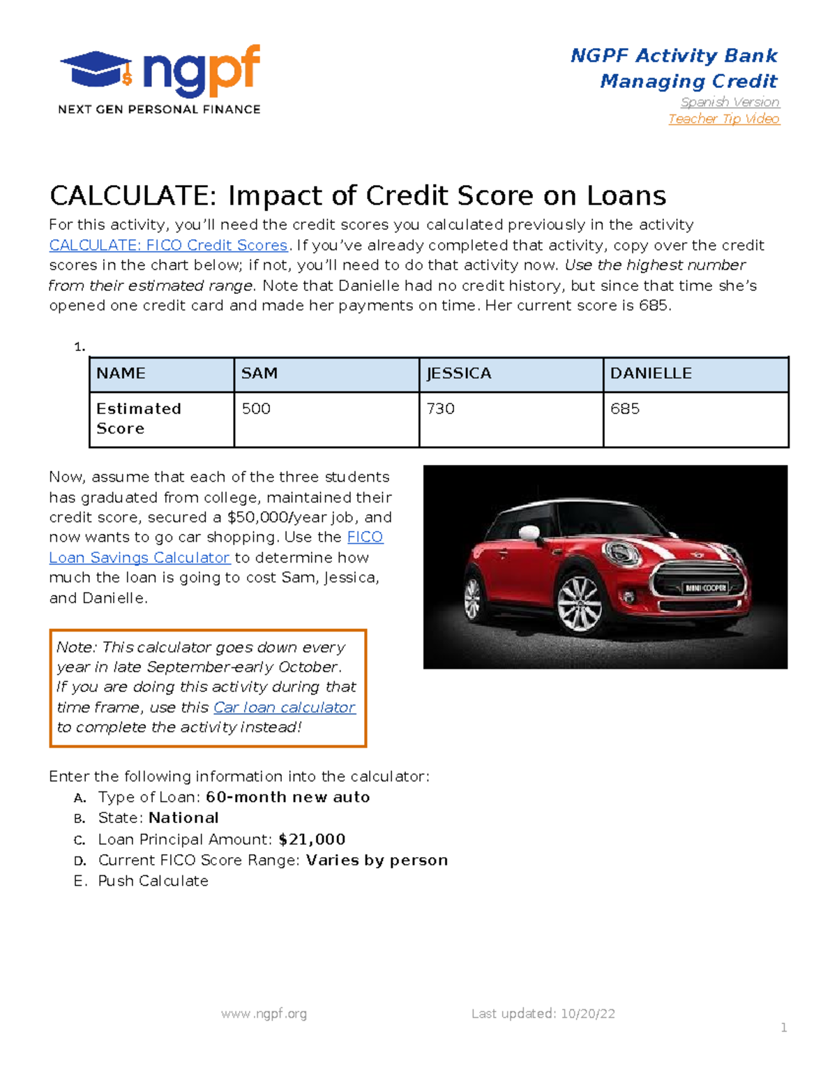 Calculate Impact of Credit Score on Loans - NGPF Activity Bank Managing ...