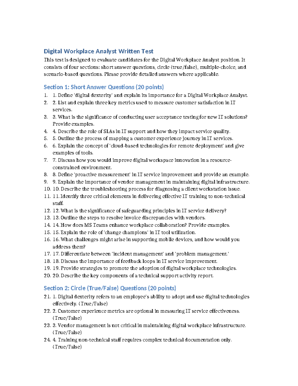 Digital Workplace Analyst Test - Digital Workplace Analyst Written Test ...