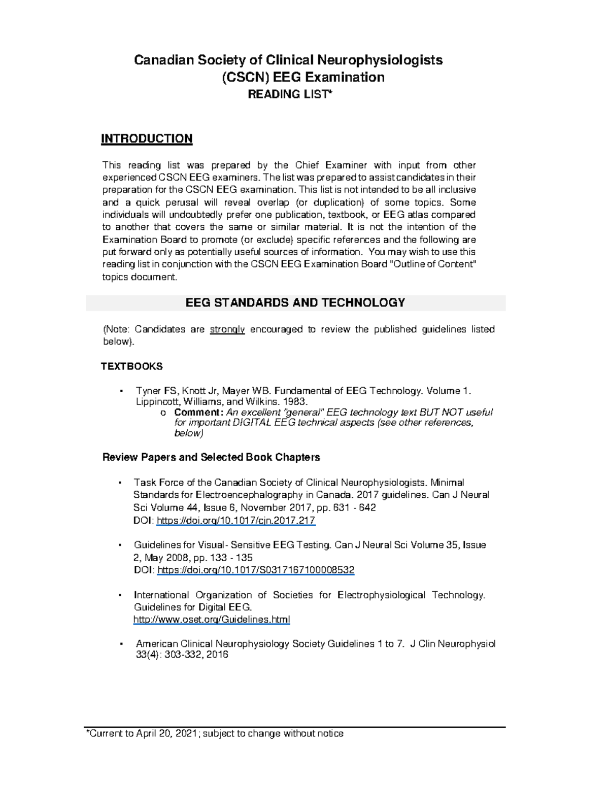 EEG Reading LIST - (CSCN) EEG Examination READING LIST* INTRODUCTION ...