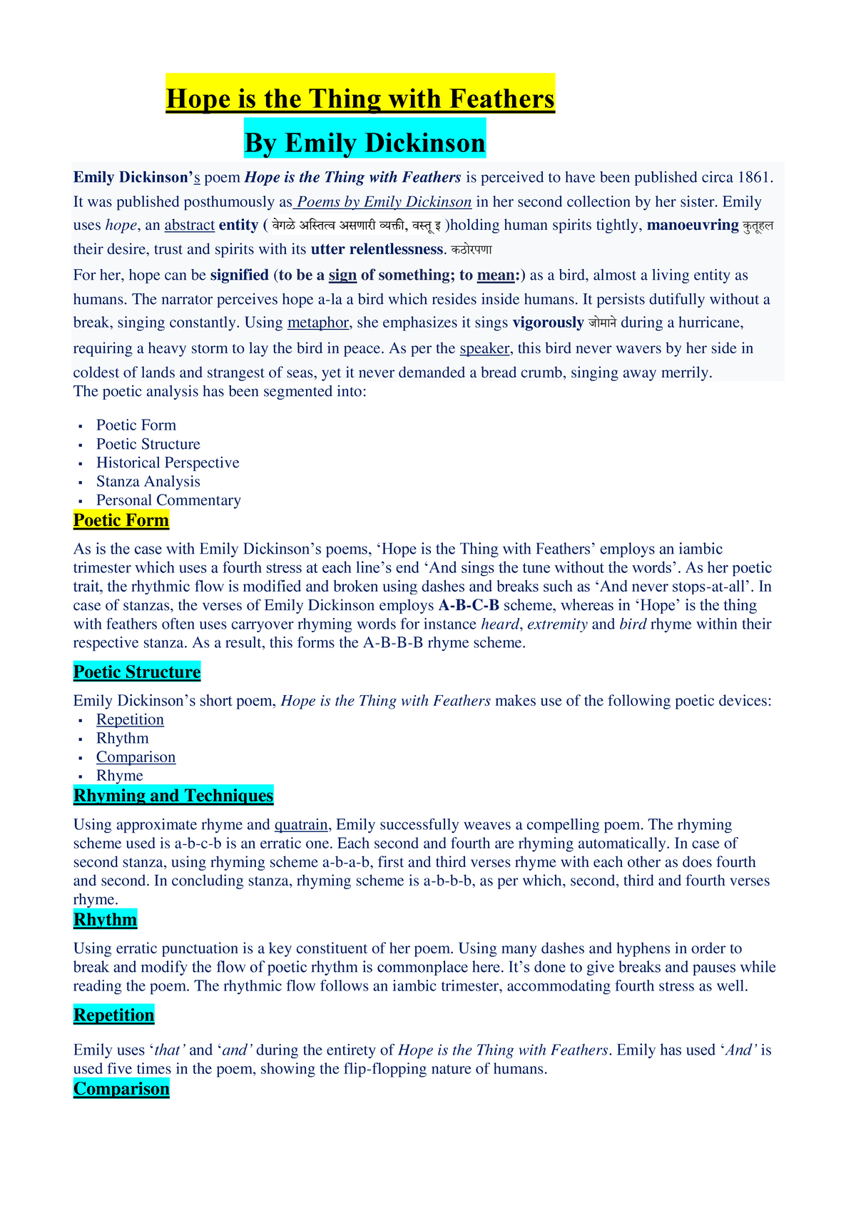 Hope is the Thing with Feathers - Emily Dickinson Poem Analysis - Studocu