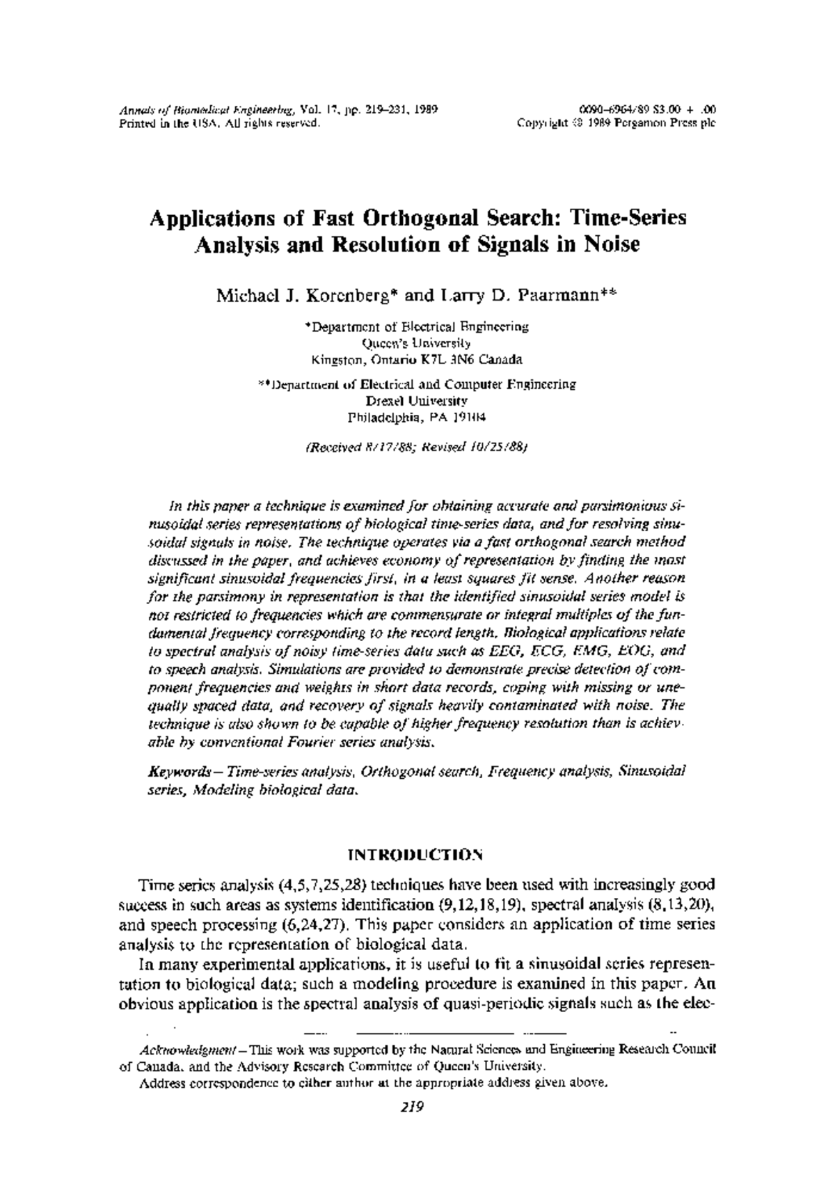 Applications Of Fast Orthogonal Search Annals Of Biomedicalengineering Vol 17 Pp 219 231 