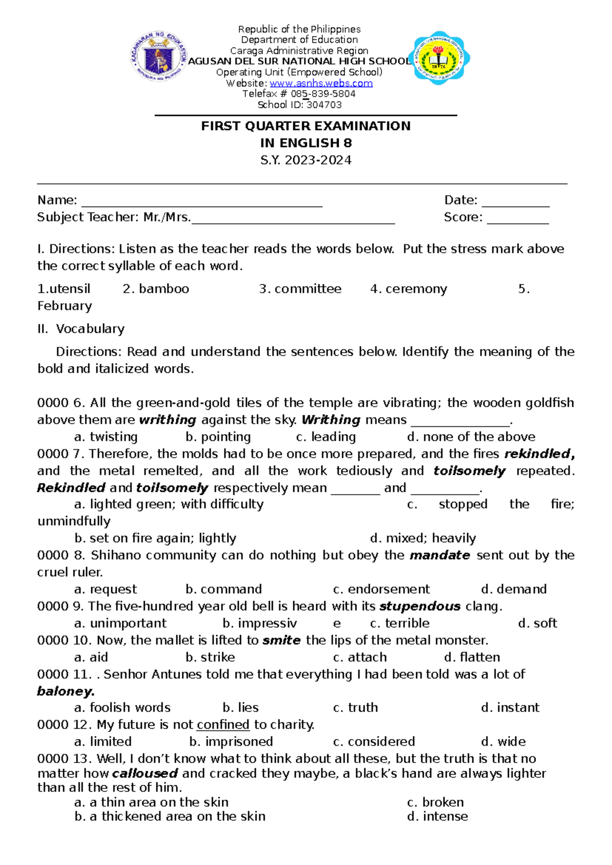First Quarter EXAM 2023 2024F ...