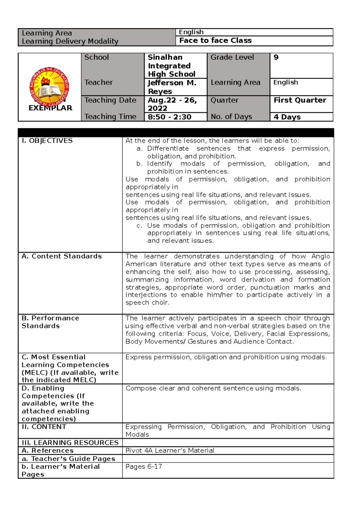 IDEA Lesson Exemplar English Week 01 - Learning Area Learning Delivery ...