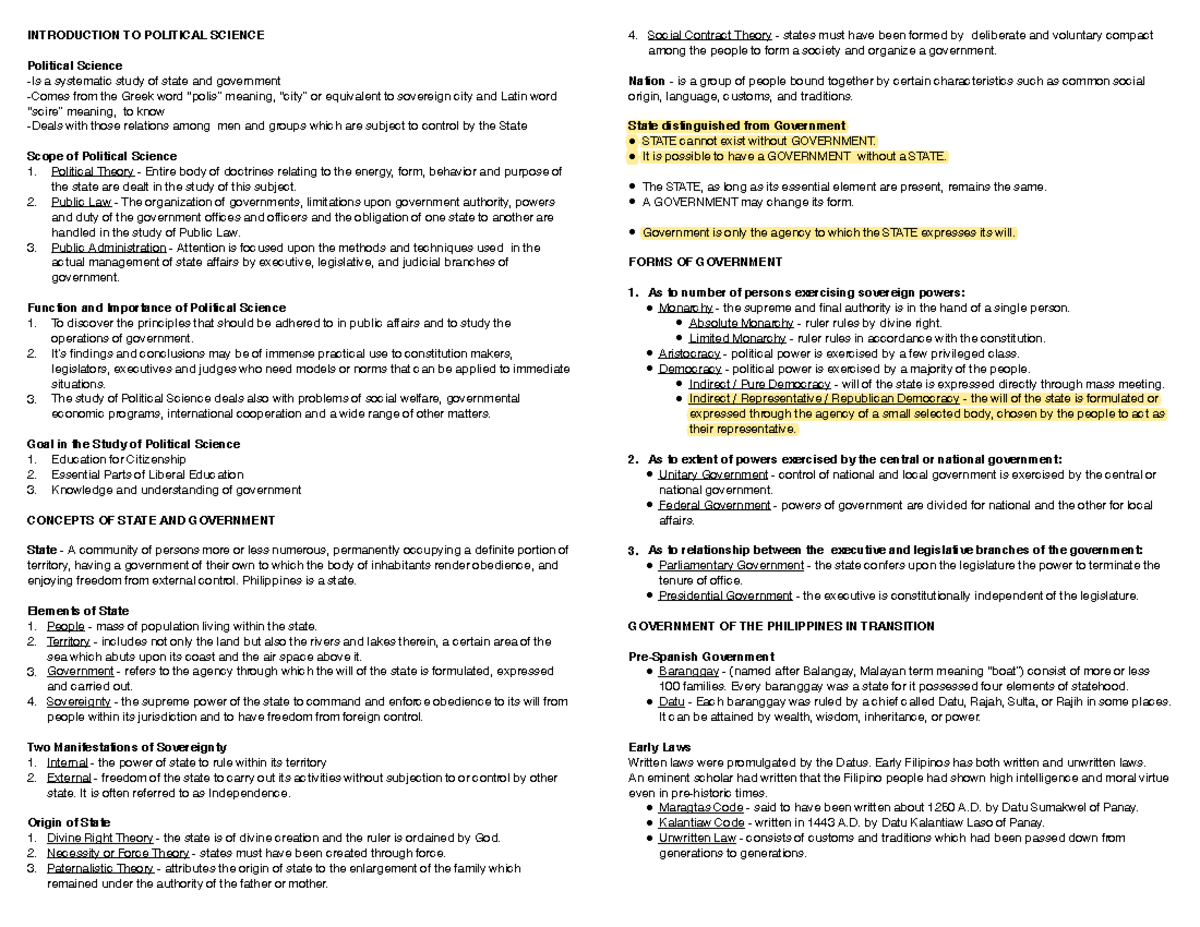 Summary Reviewer OF THE 1987 Philippine Consti hl - INTRODUCTION TO ...
