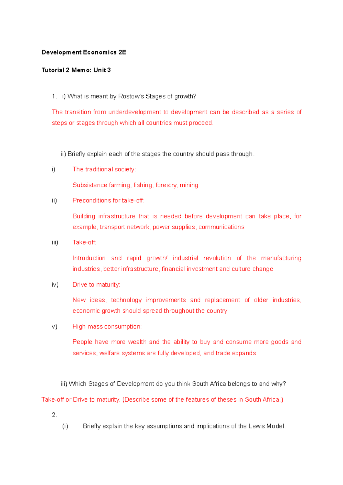 Tutorial 3 Memo Eco 2e Development Economics 2e Tutorial 2 Memo Unit 3 I What Is Meant By