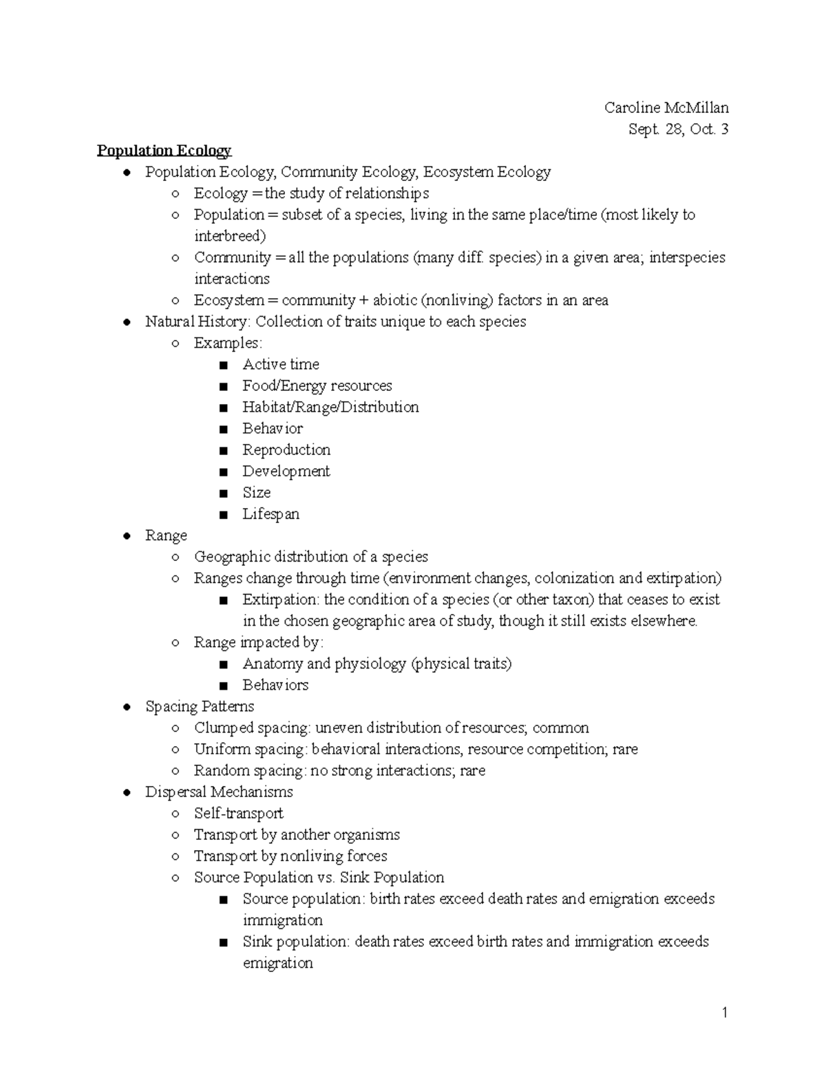 Population Ecology - Lecture notes Unit Two - Caroline McMillan Sept ...