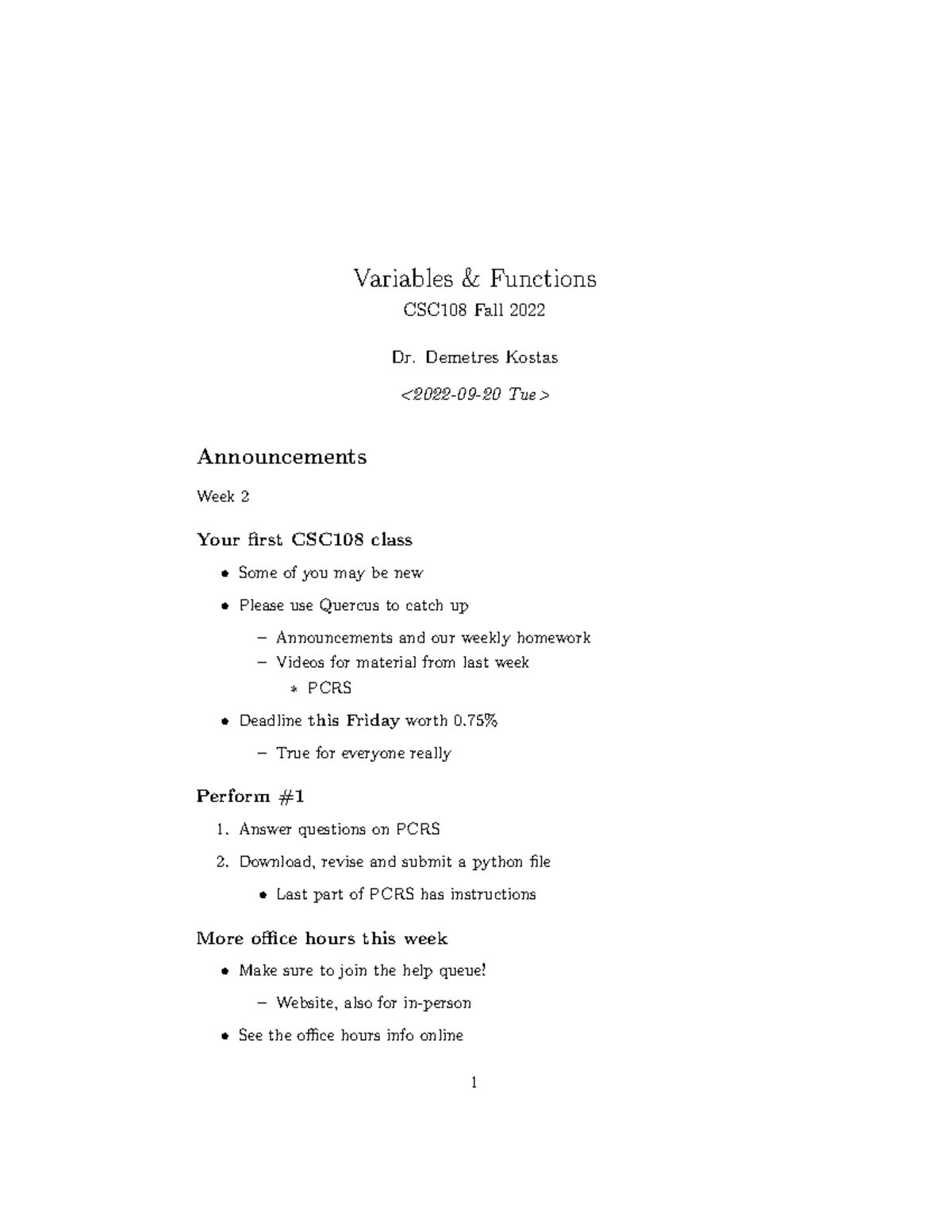 Tuesday-09-20 - Slides - Variables & Functions CSC108 Fall 2022 Dr ...