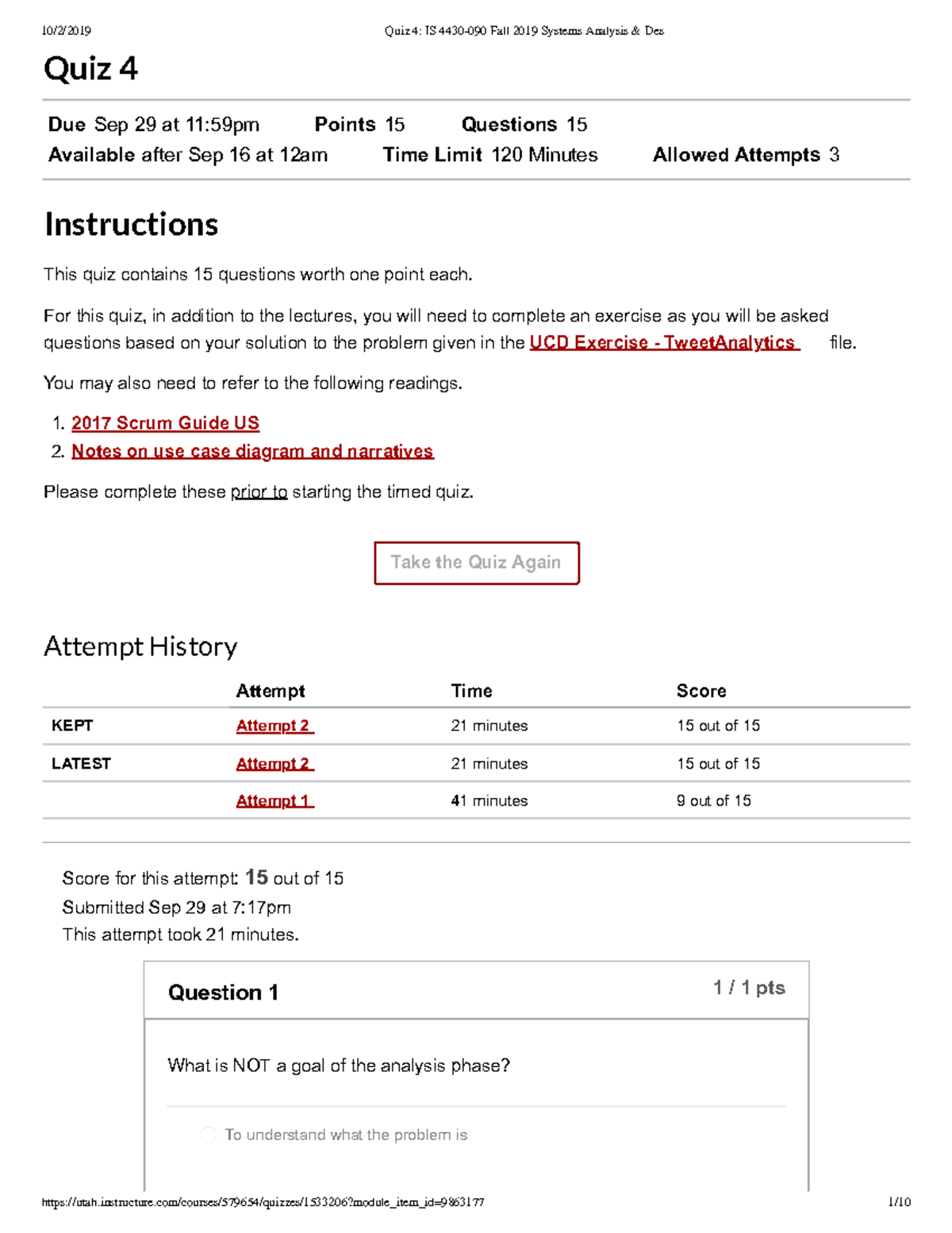 Quiz 4 IS 4430-090 Fall 2019 Systems Analysis & Des - Quiz 4 Due Sep 29 ...