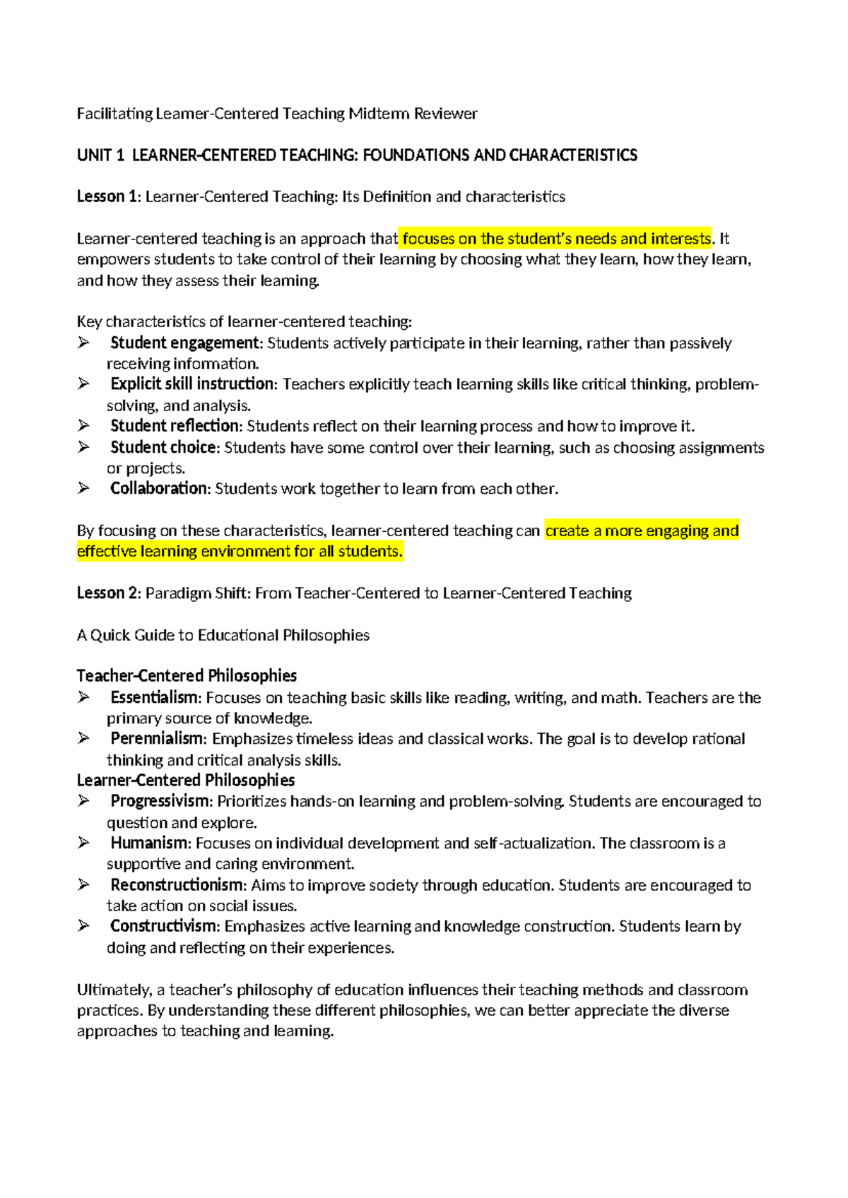Faci Midterm Reviewer - Facilitating Learner-Centered Teaching Midterm Reviewer UNIT 1 - Studocu
