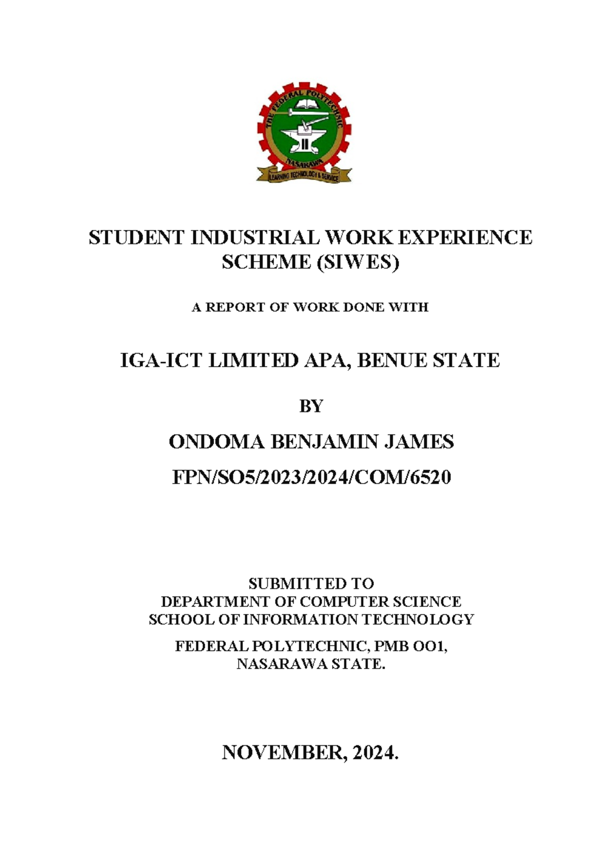 Ondoma BEN COM Siwes - STUDENT INDUSTRIAL WORK EXPERIENCE SCHEME (SIWES ...