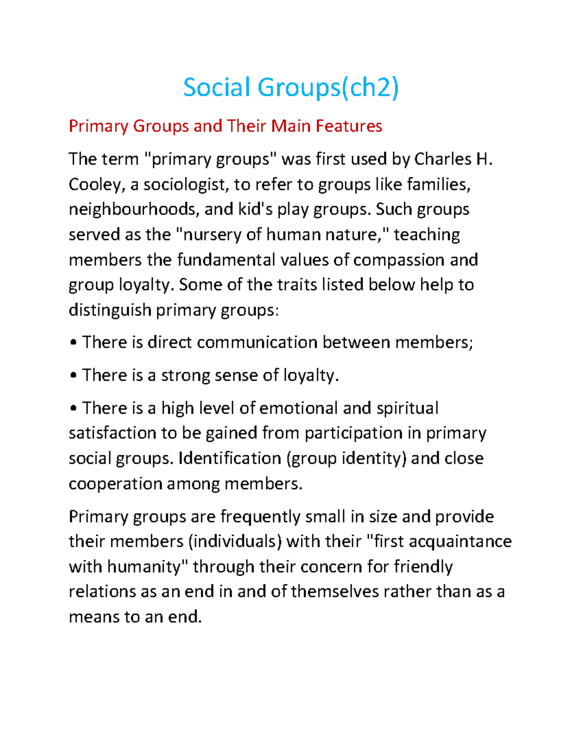 Social Groups(ch2) - Social Groups(ch2) Primary Groups and Their Main ...