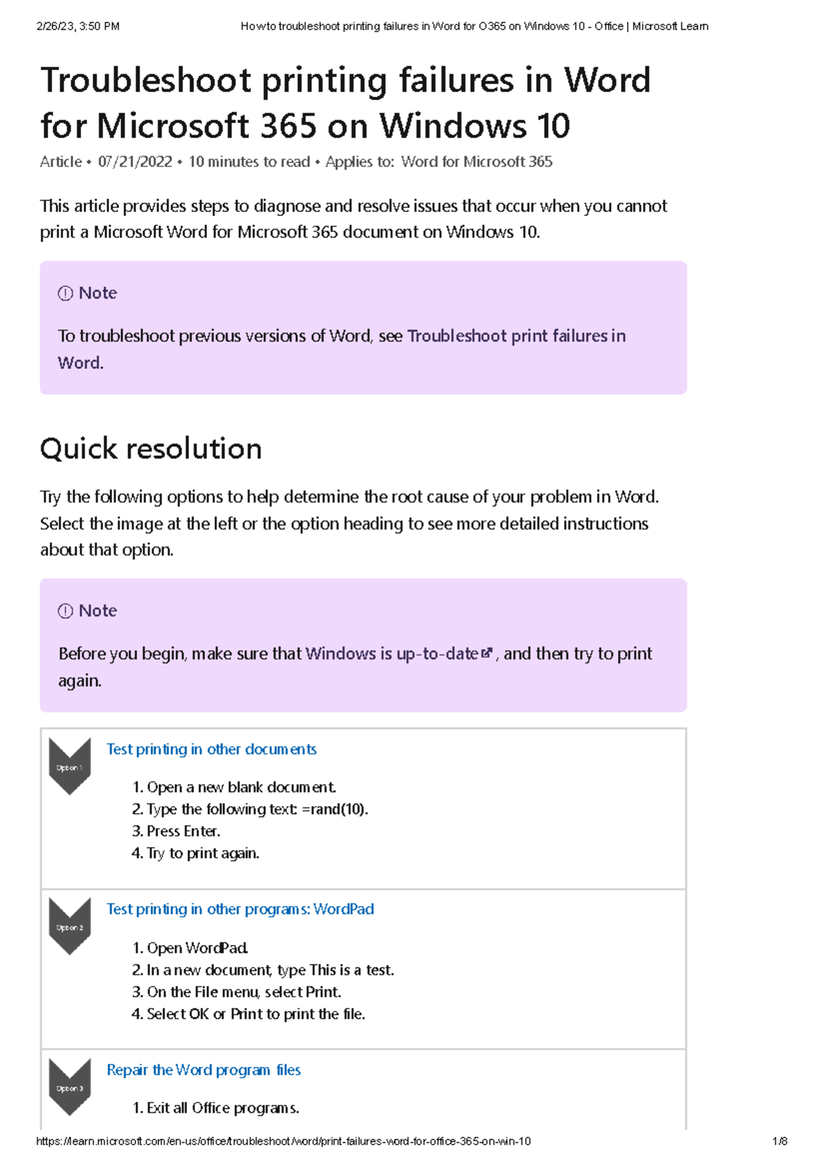 How to troubleshoot printing failures in Word on Windows 10 - Office ...