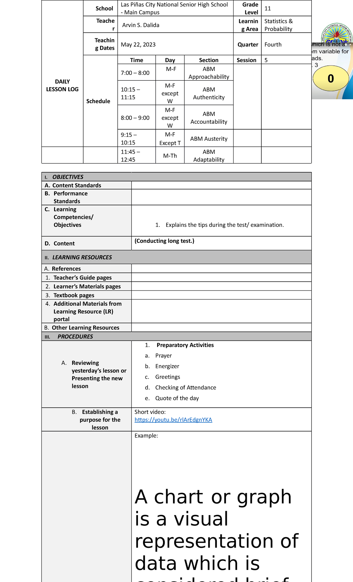 DLL Stat and Prob Q4 May 22, 2023 - DAILY LESSON LOG School Las Piñas ...