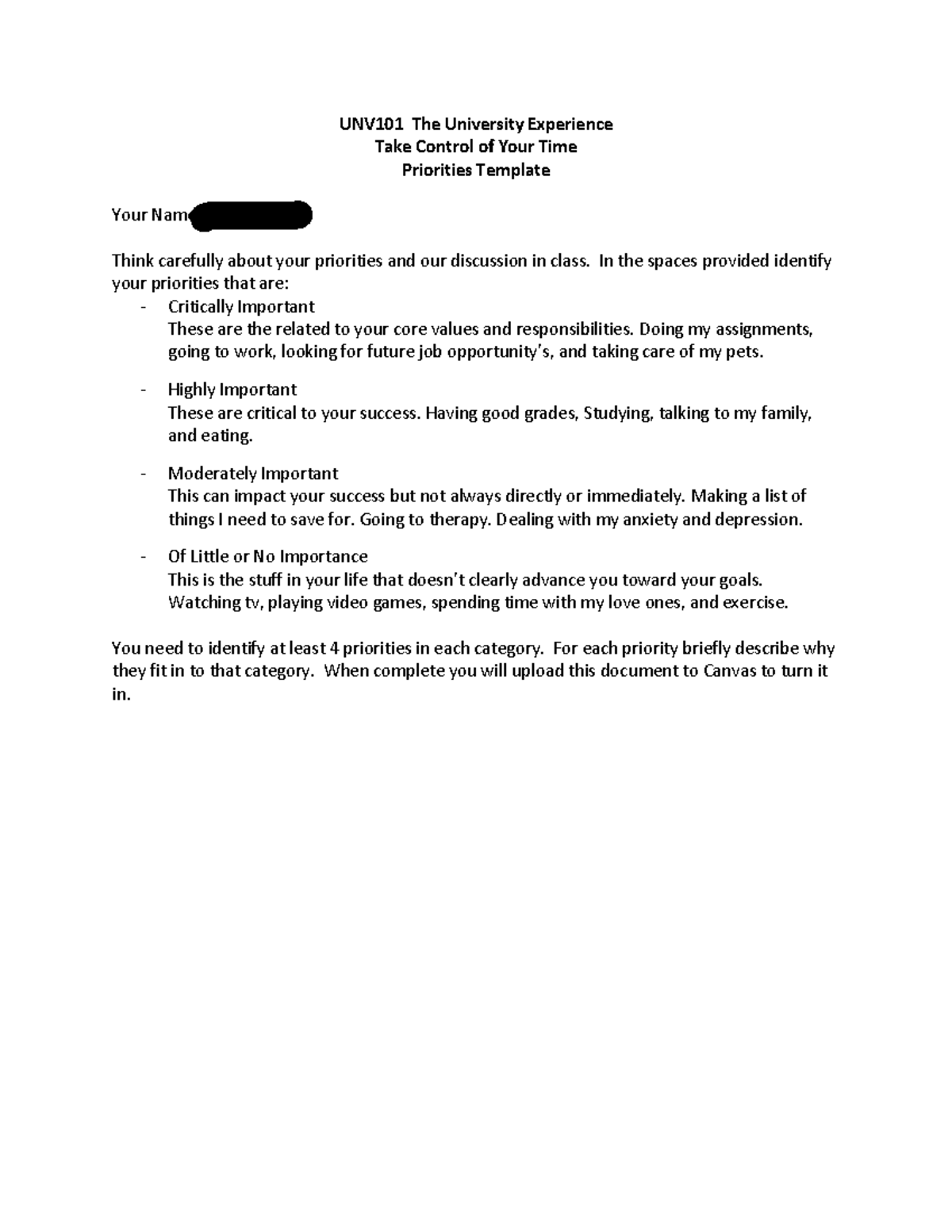 UNV101 Priority Template complet - UNV101 The University Experience ...