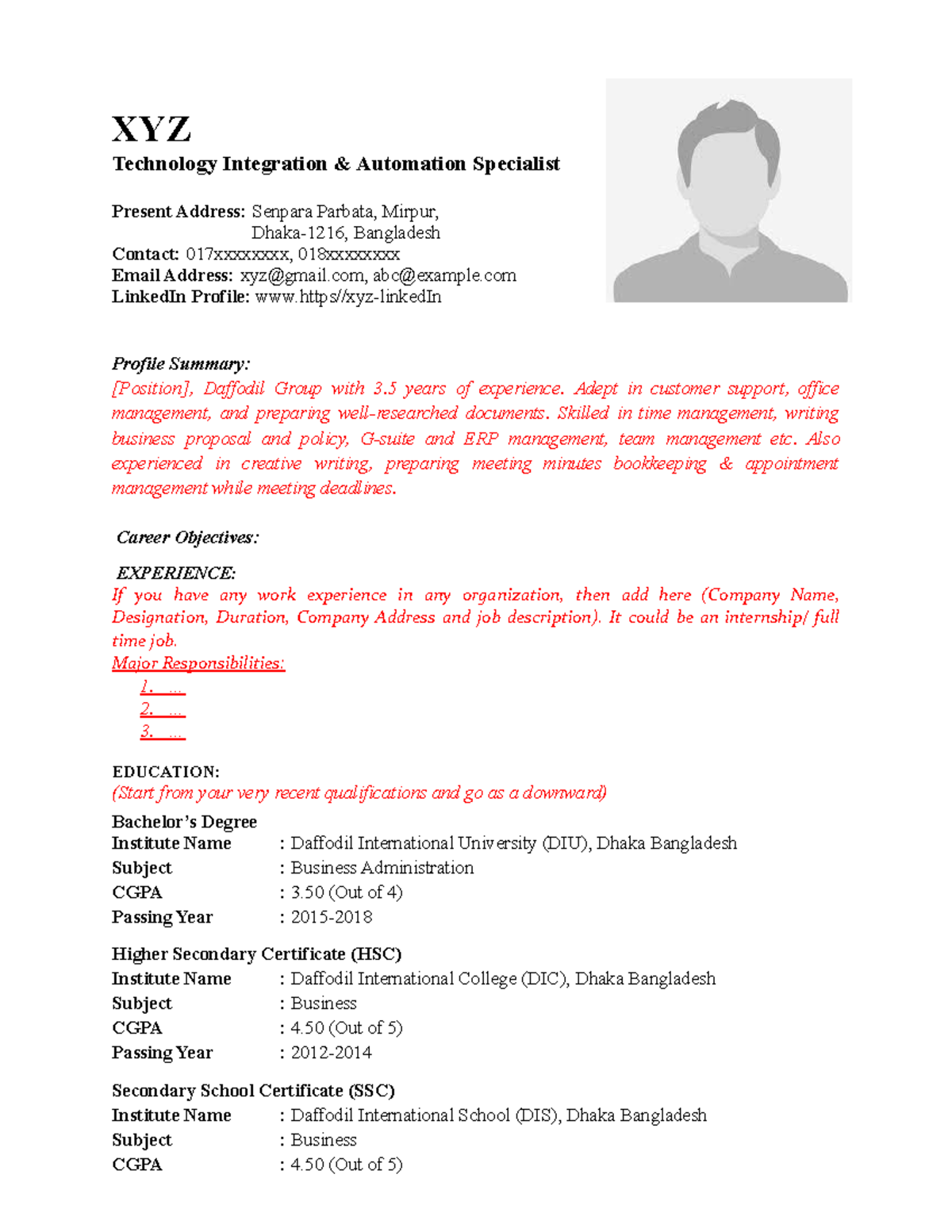 Cv format - n\a - XYZ Technology Integration & Automation Specialist ...