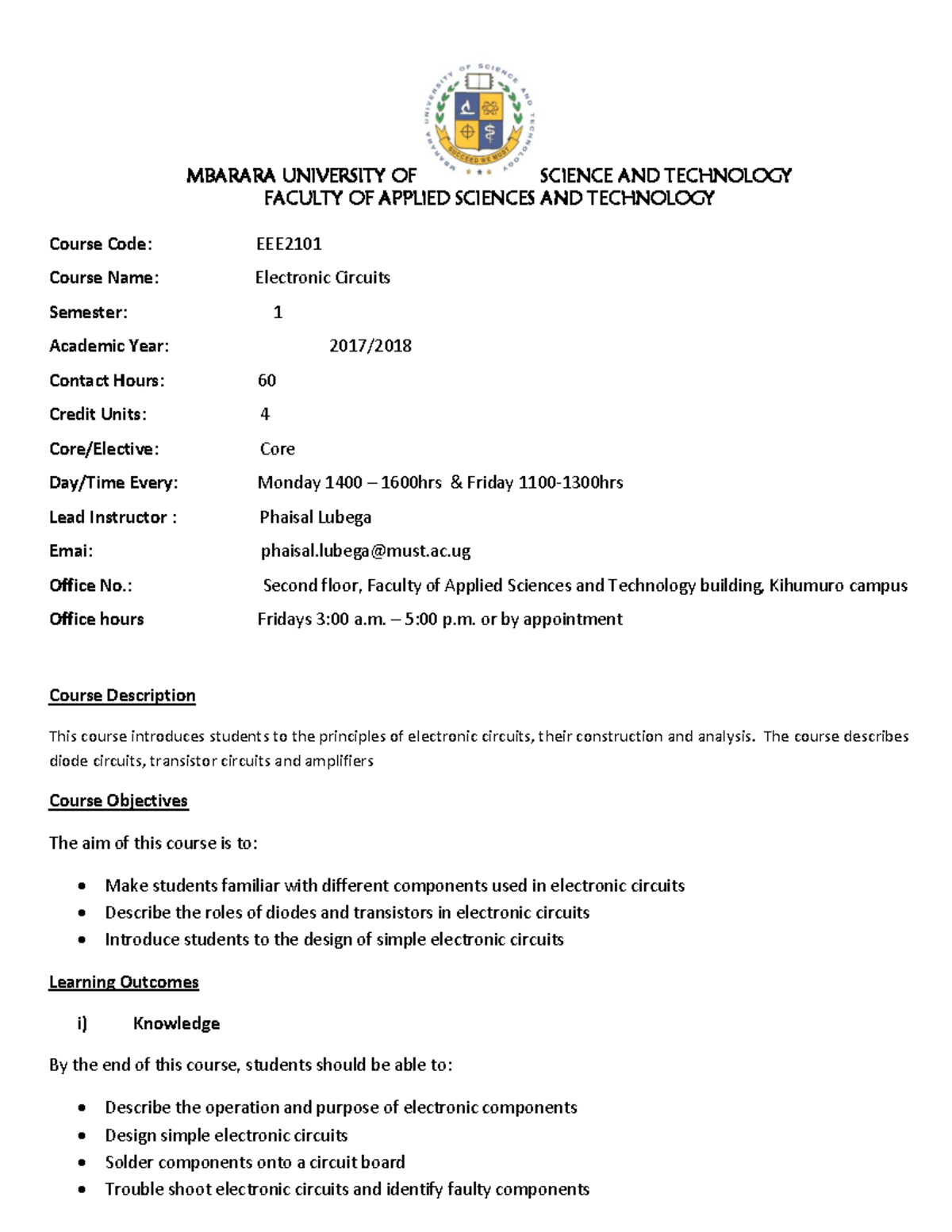 Electronic Circuits-Course-Outline - FACULTY OF APPLIED SCIENCES AND ...
