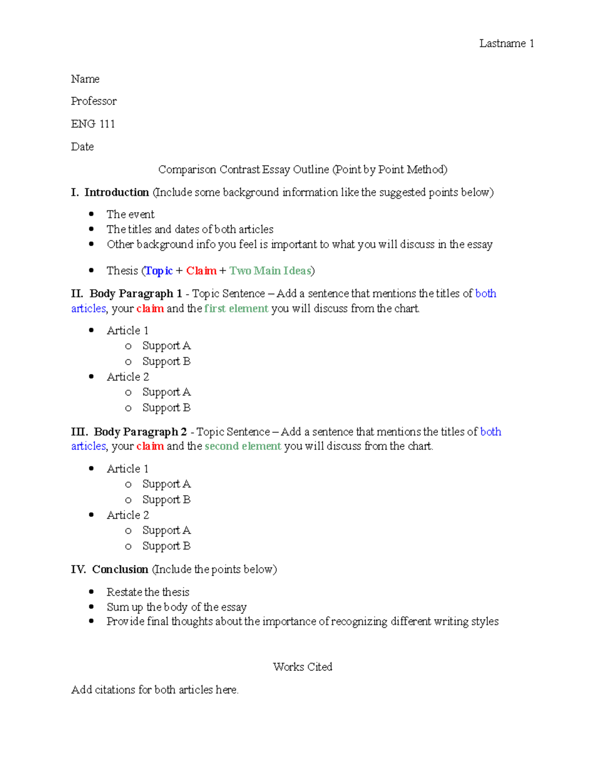 Comparison Contrast pointbypoint outline template for 4 paragraphessay ...
