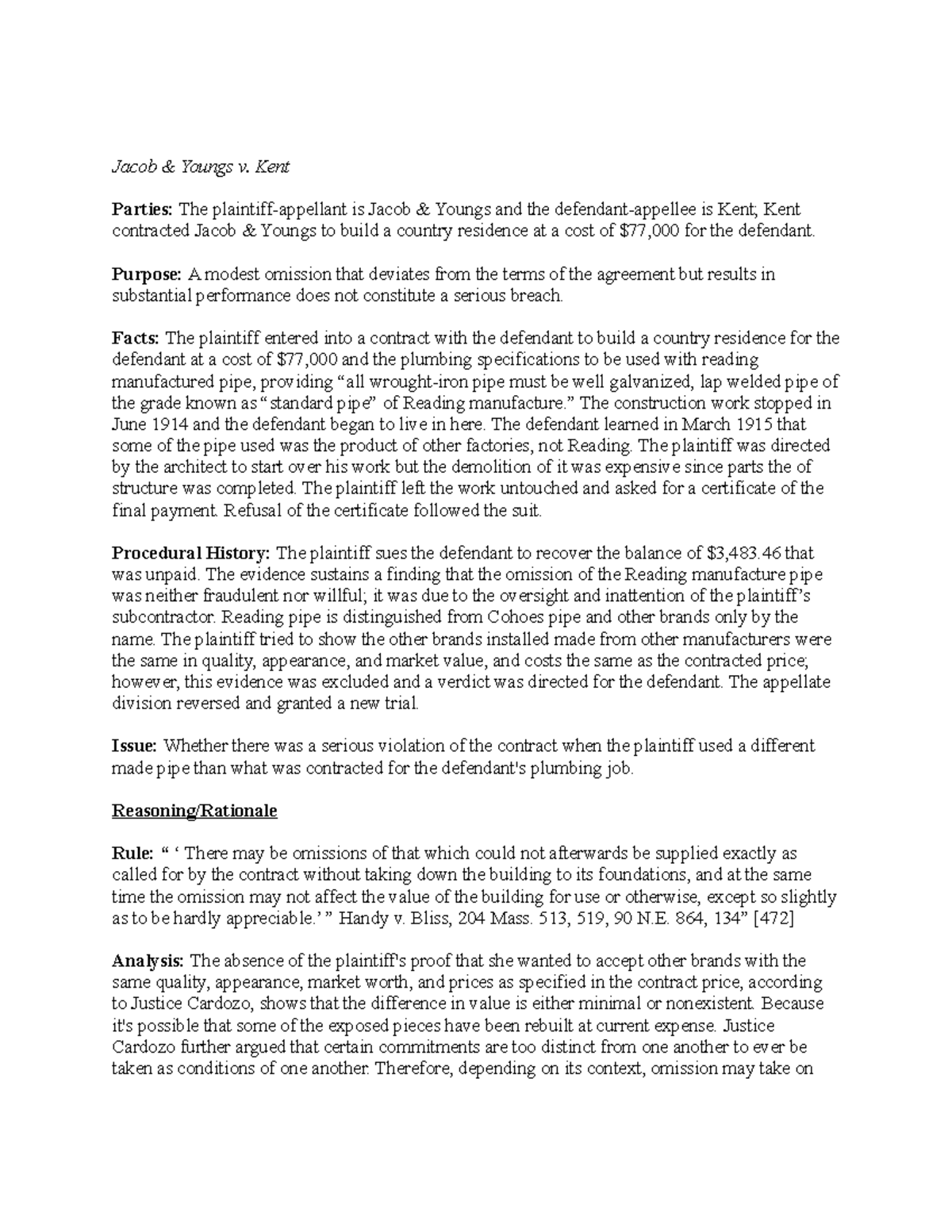 Week 5 - none - Jacob & Youngs v. Kent Parties: The plaintiff-appellant ...