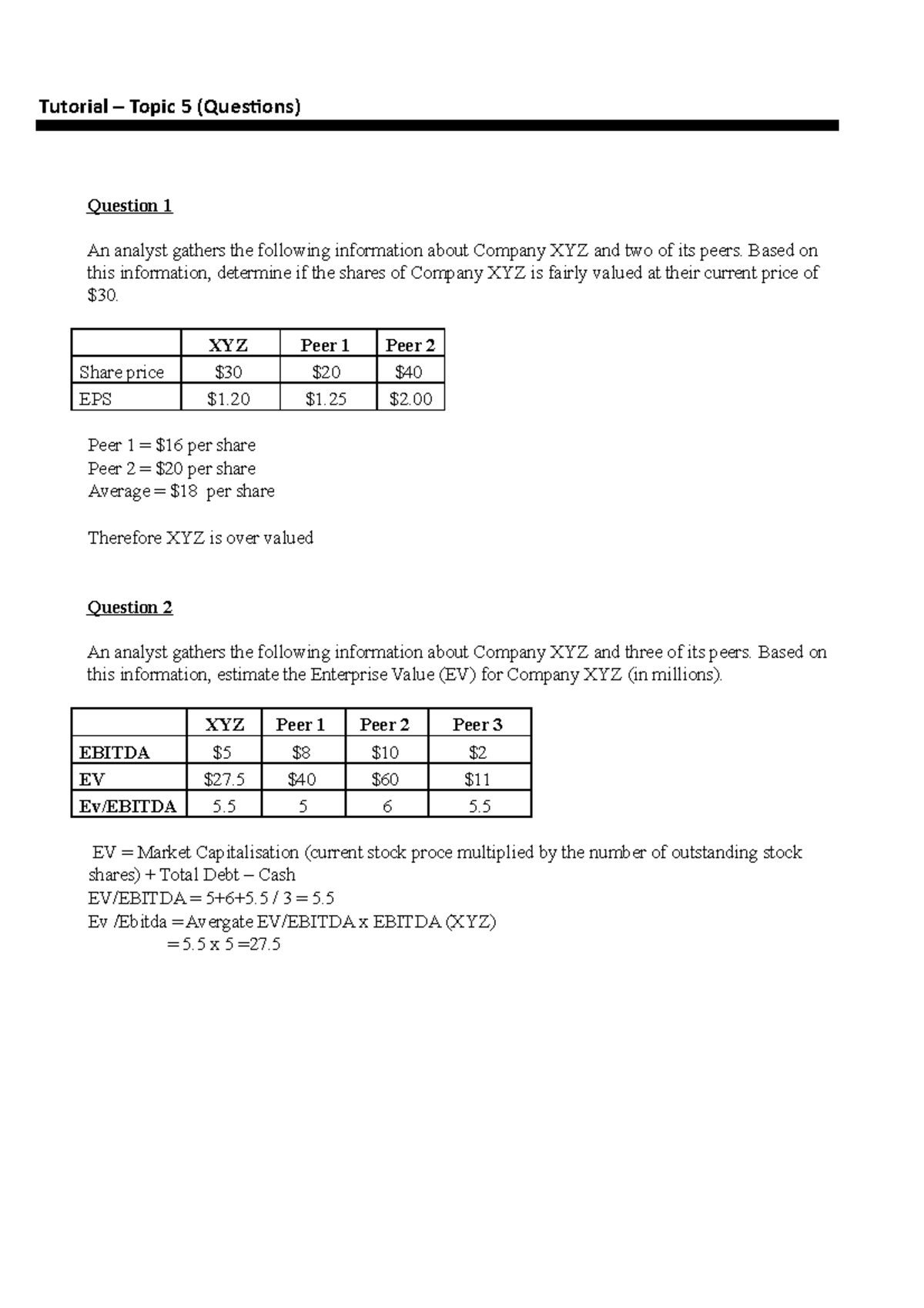 Tutorial (Q) Topic 5 – Valuing Equity (Relative) - Tutorial – Topic 5 ...