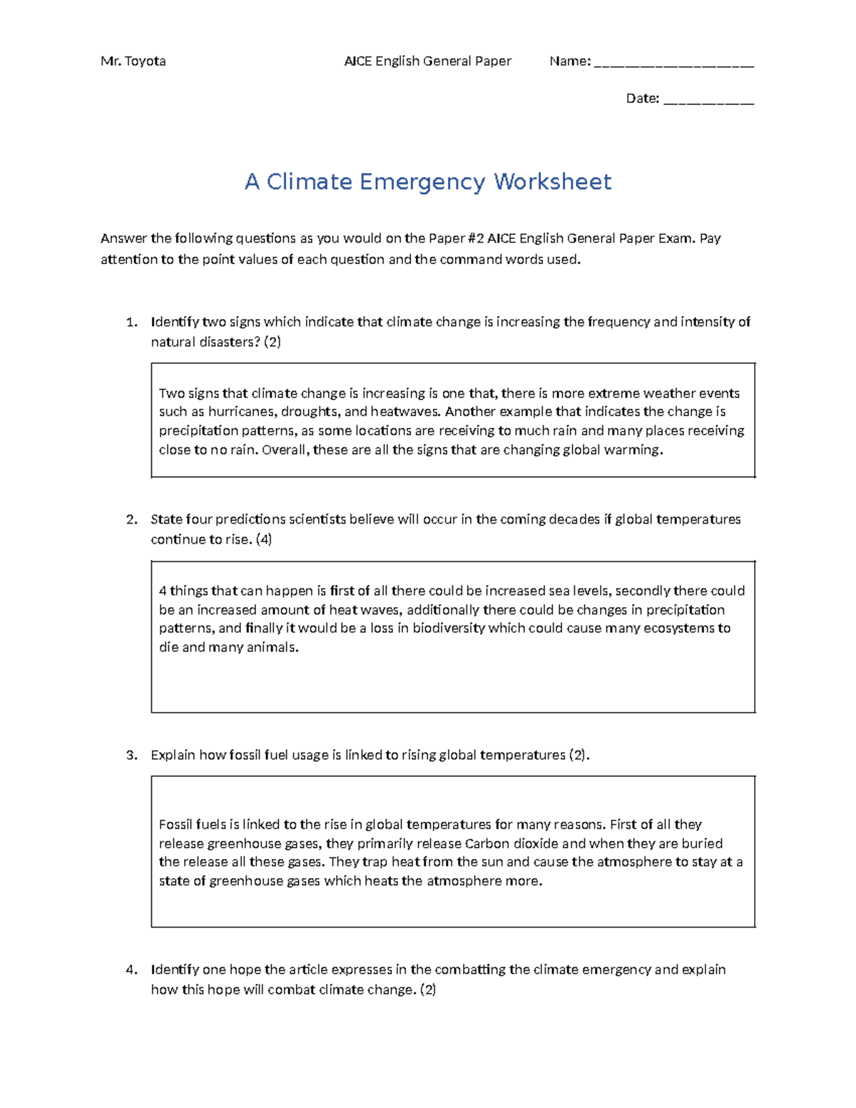 A Climate Emergency Worksheet - Mr. Toyota AICE English General Paper ...