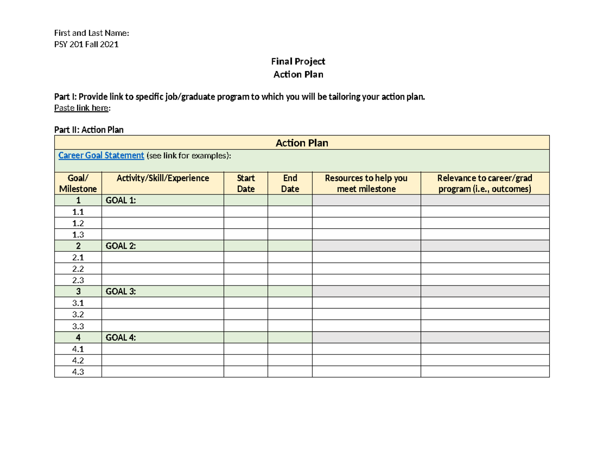Template Action Plan PSY 201 Final Project - Tagged - First and Last ...
