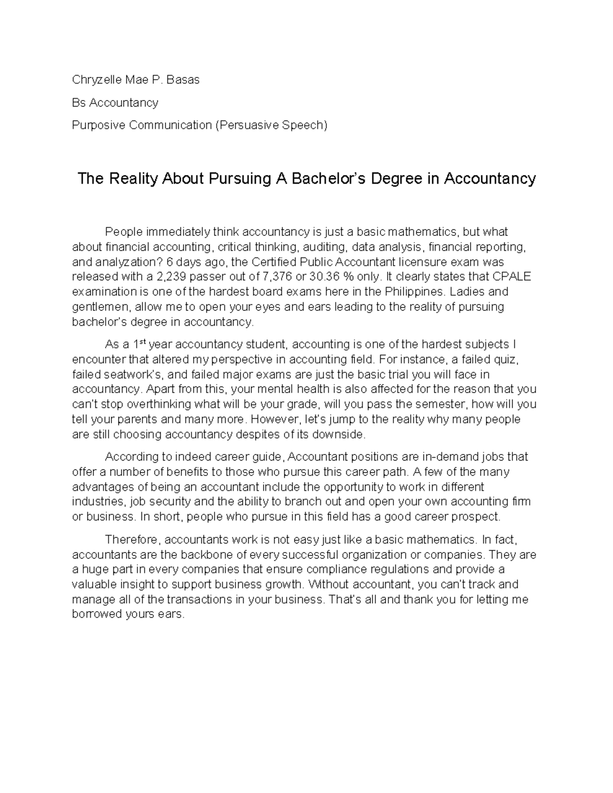 Persuasive- Speech - Chryzelle Mae P. Basas Bs Accountancy Purposive ...