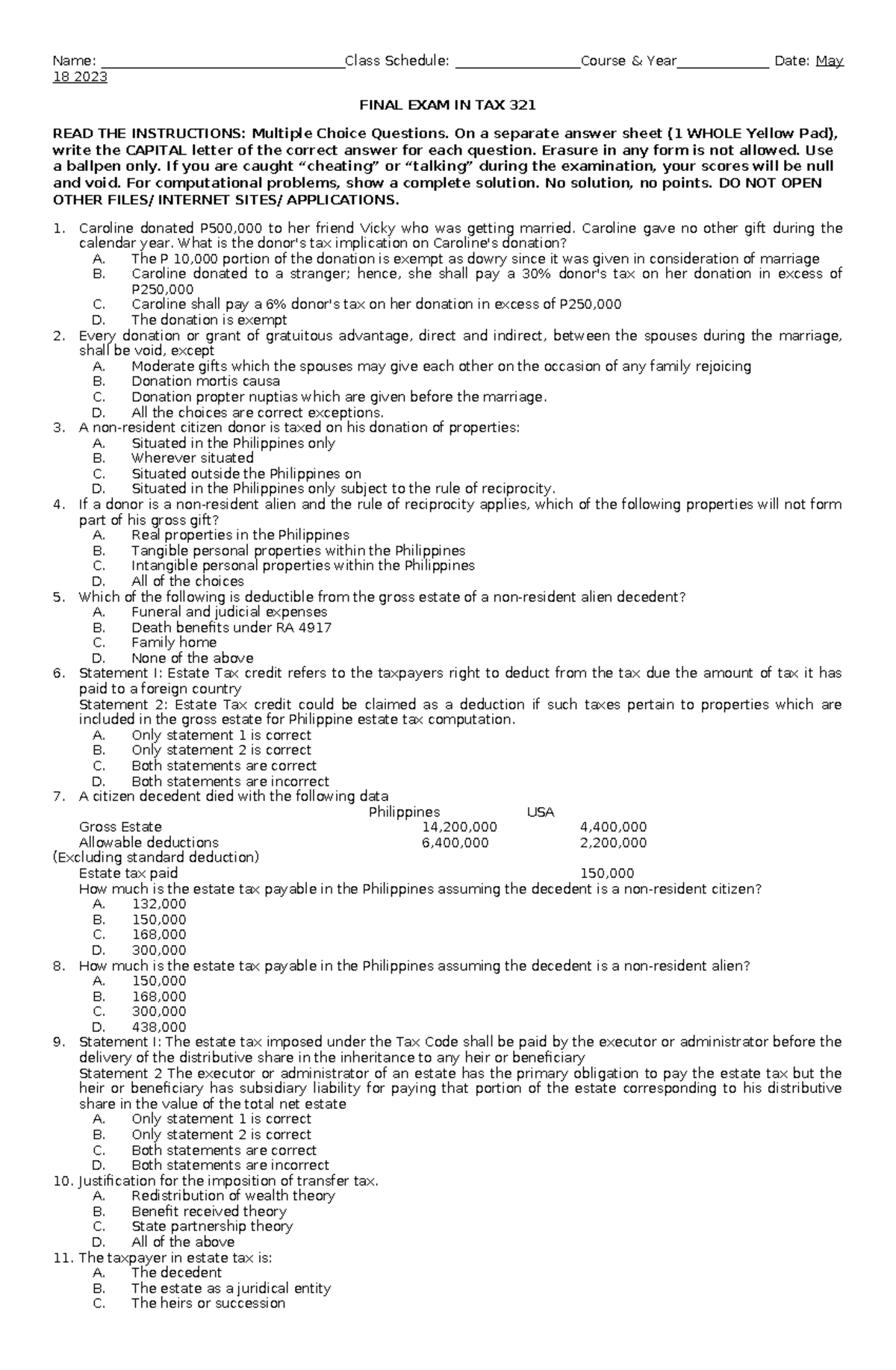 Final exam in tax 321 - Copy - Name ...