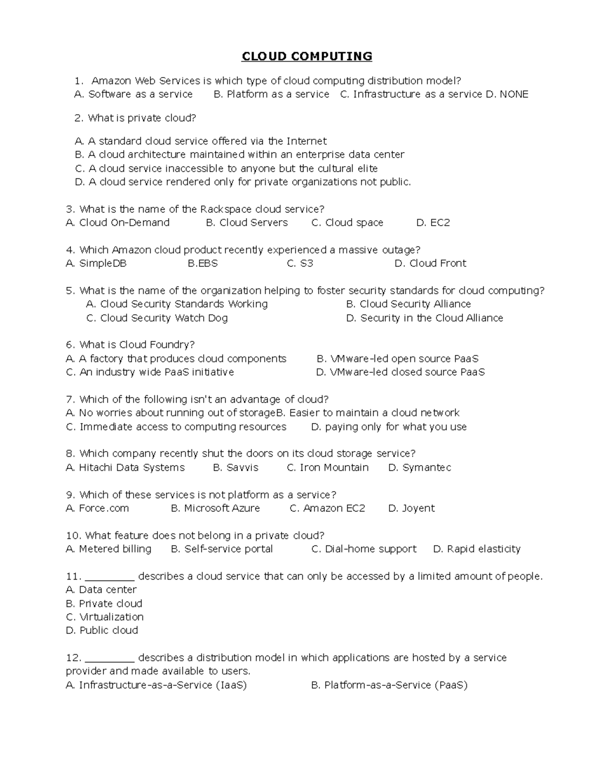 Cloud Computing mcq - CLOUD COMPUTING Amazon Web Services is which type ...