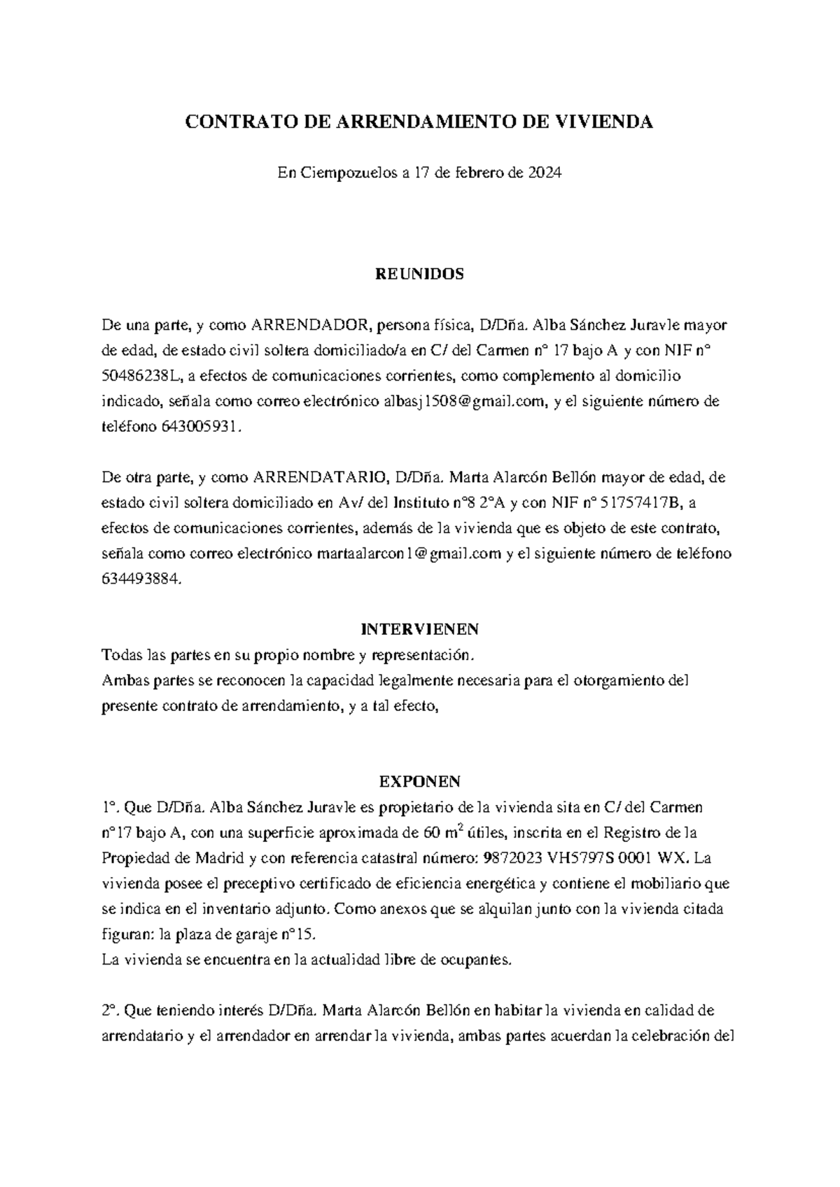 Contrato alquiler - nhhb - CONTRATO DE ARRENDAMIENTO DE VIVIENDA En ...