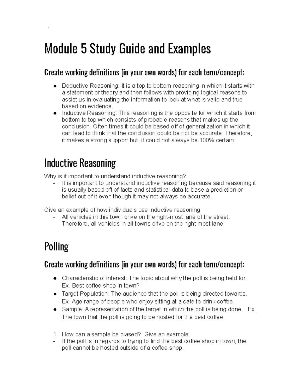 Module 5 - Study Guide - Inductive Reasoning: This reasoning is the ...