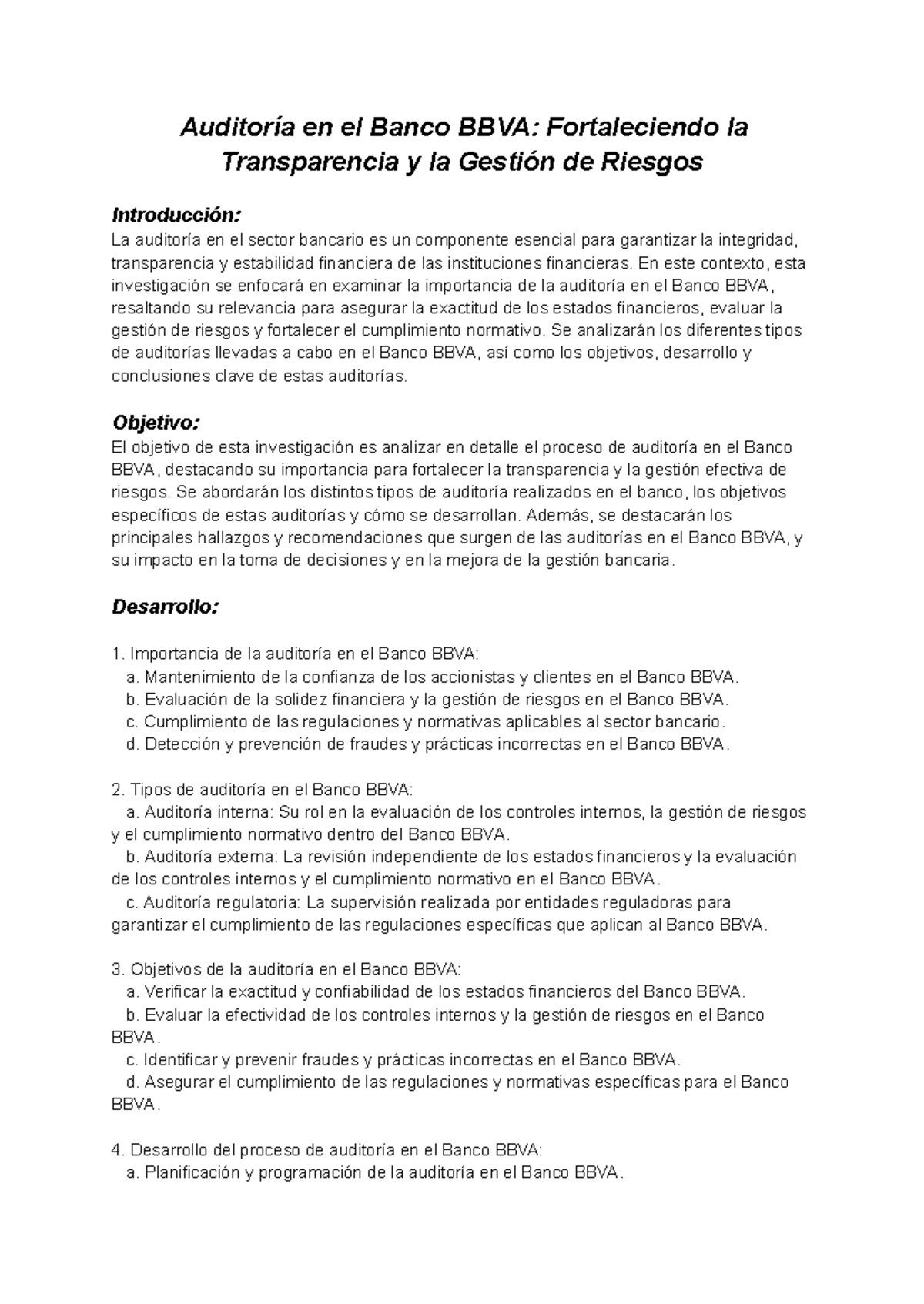 Auditoría en el Banco BBVA Fortaleciendo la Transparencia y la Gestión ...